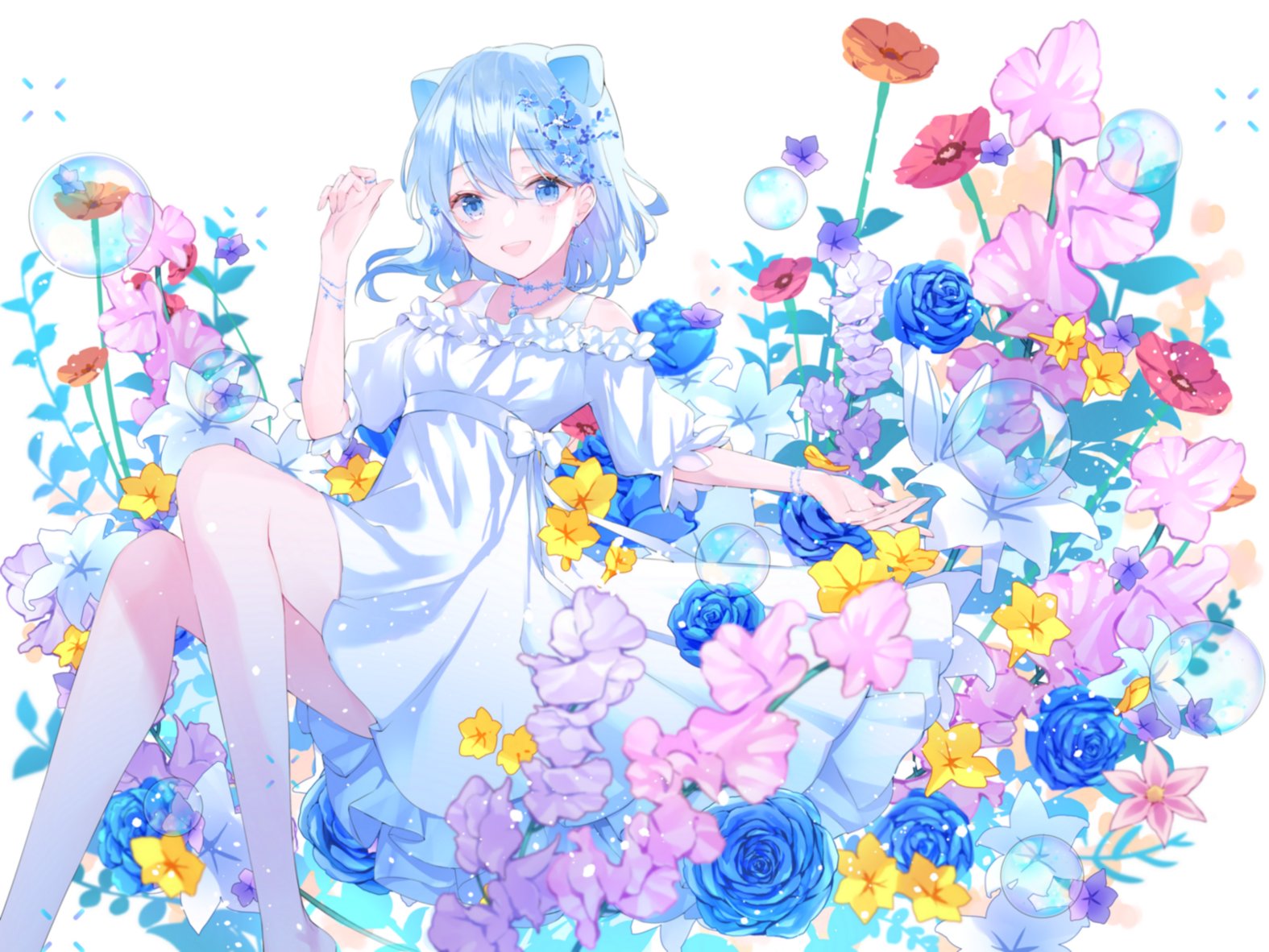 The Big ImageBoard (TBIB) - 1girl :d animal ears blue eyes blue flower blue hair bracelet bubble ...