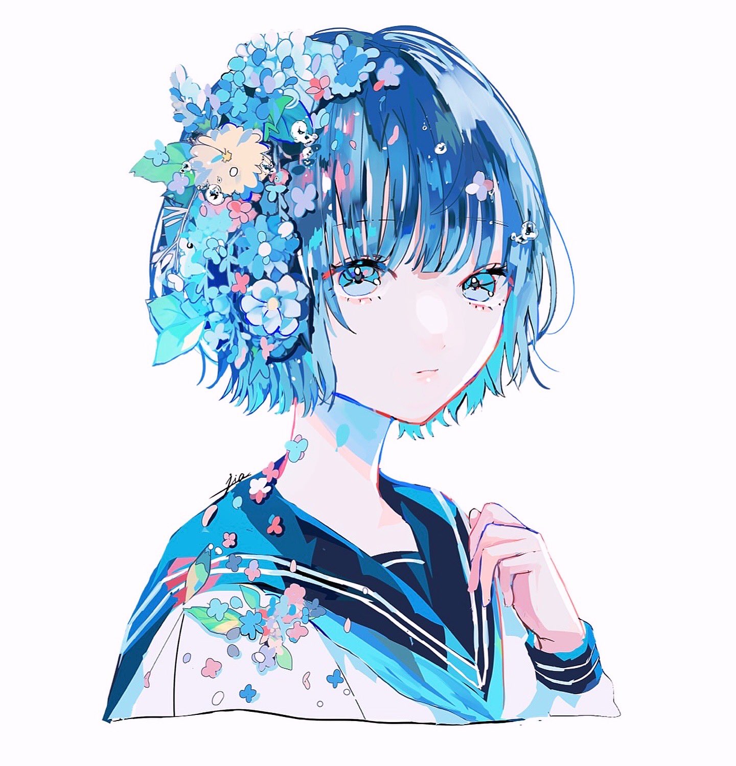 The Big ImageBoard (TBIB) - 1girl blue eyes blue flower blue hair blue neckerchief blue sailor ...