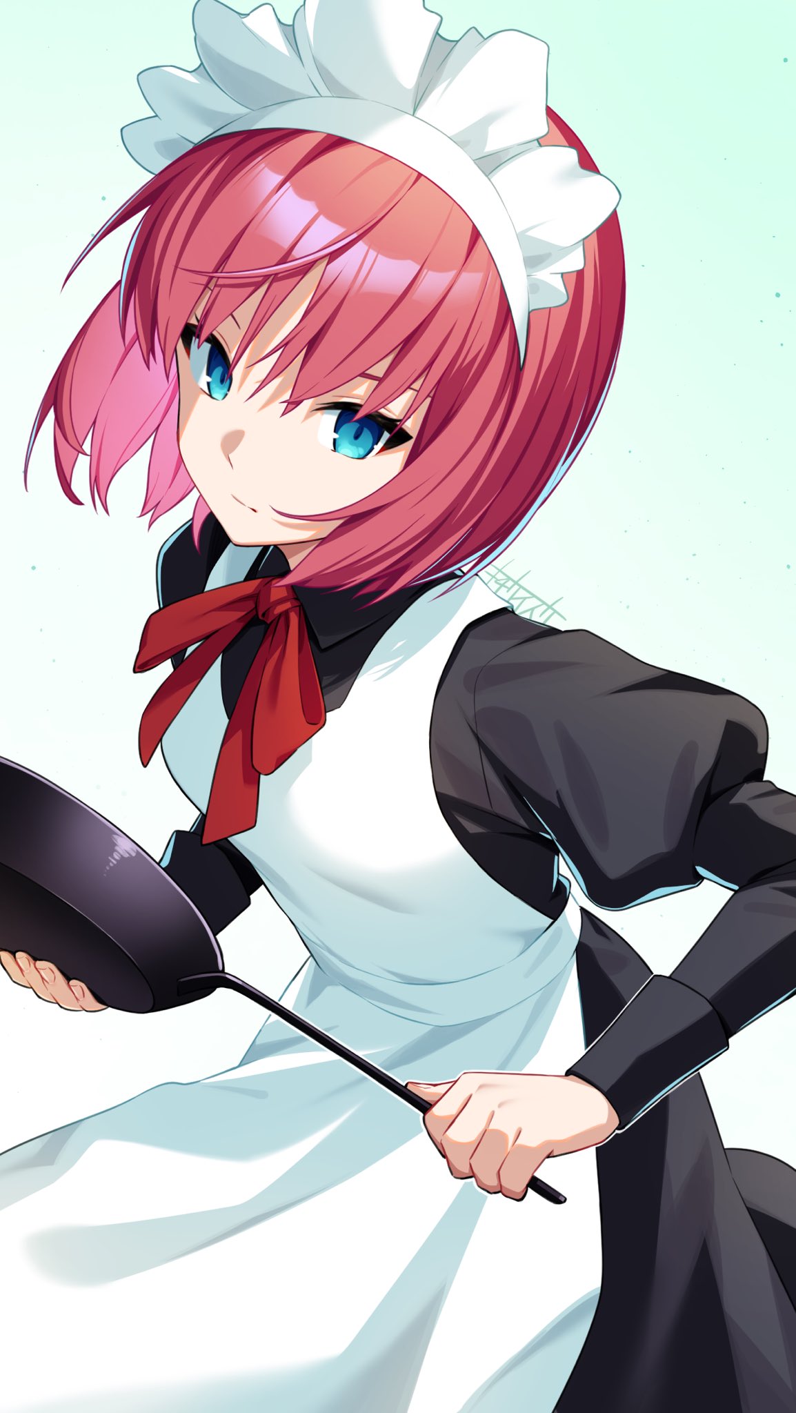 The Big ImageBoard (TBIB) - 1girl apron black dress blue eyes commentary dress frying pan ...