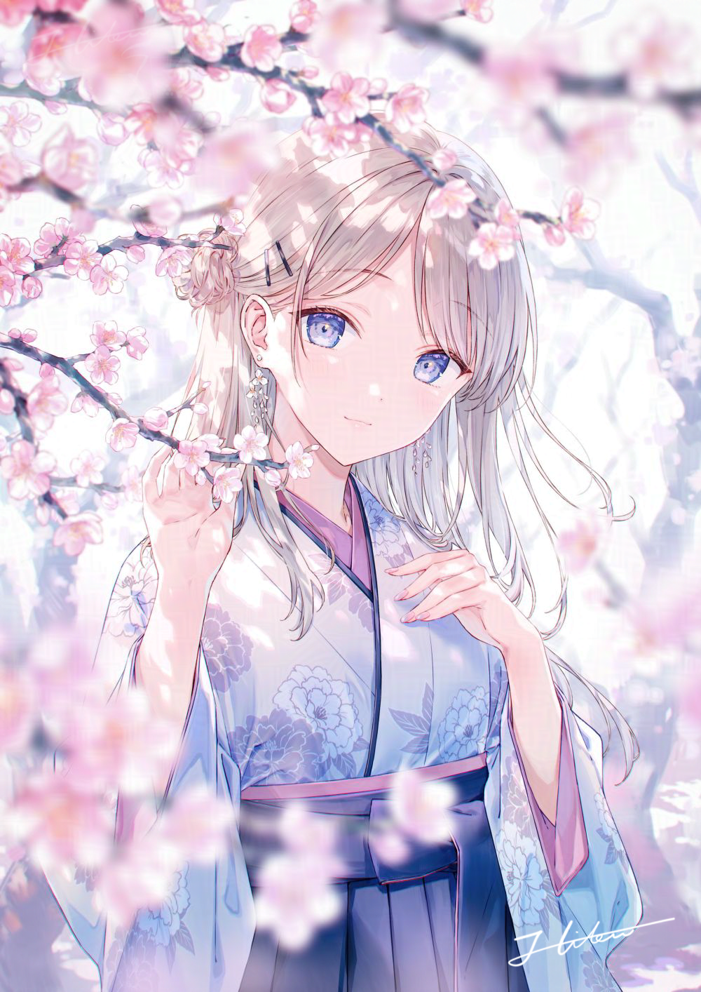 The Big ImageBoard (TBIB) - 1girl adversarial noise blue eyes blue kimono blue skirt blurry ...