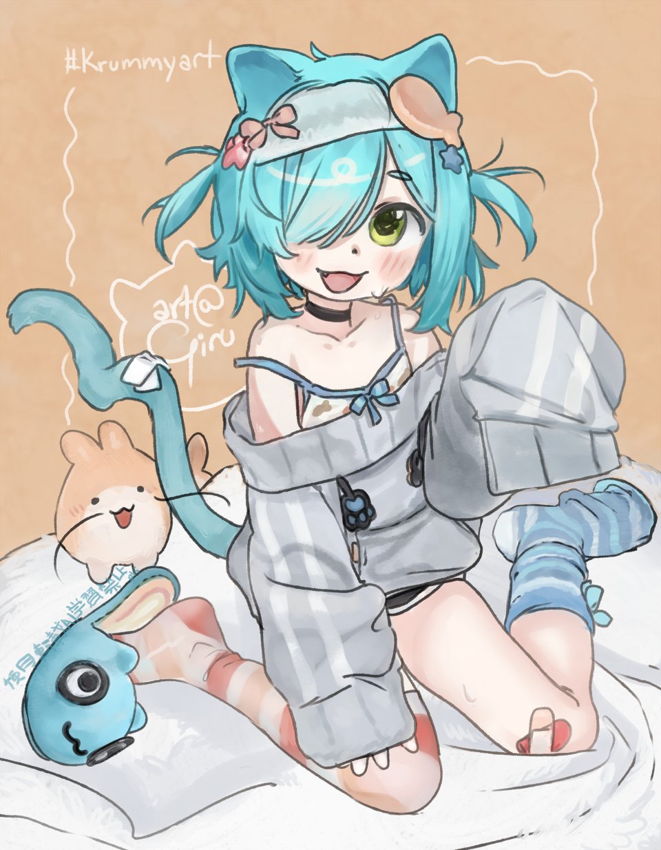 The Big ImageBoard (TBIB) - animal ears aqua hair bandaid cat ears cat tail commentary english ...