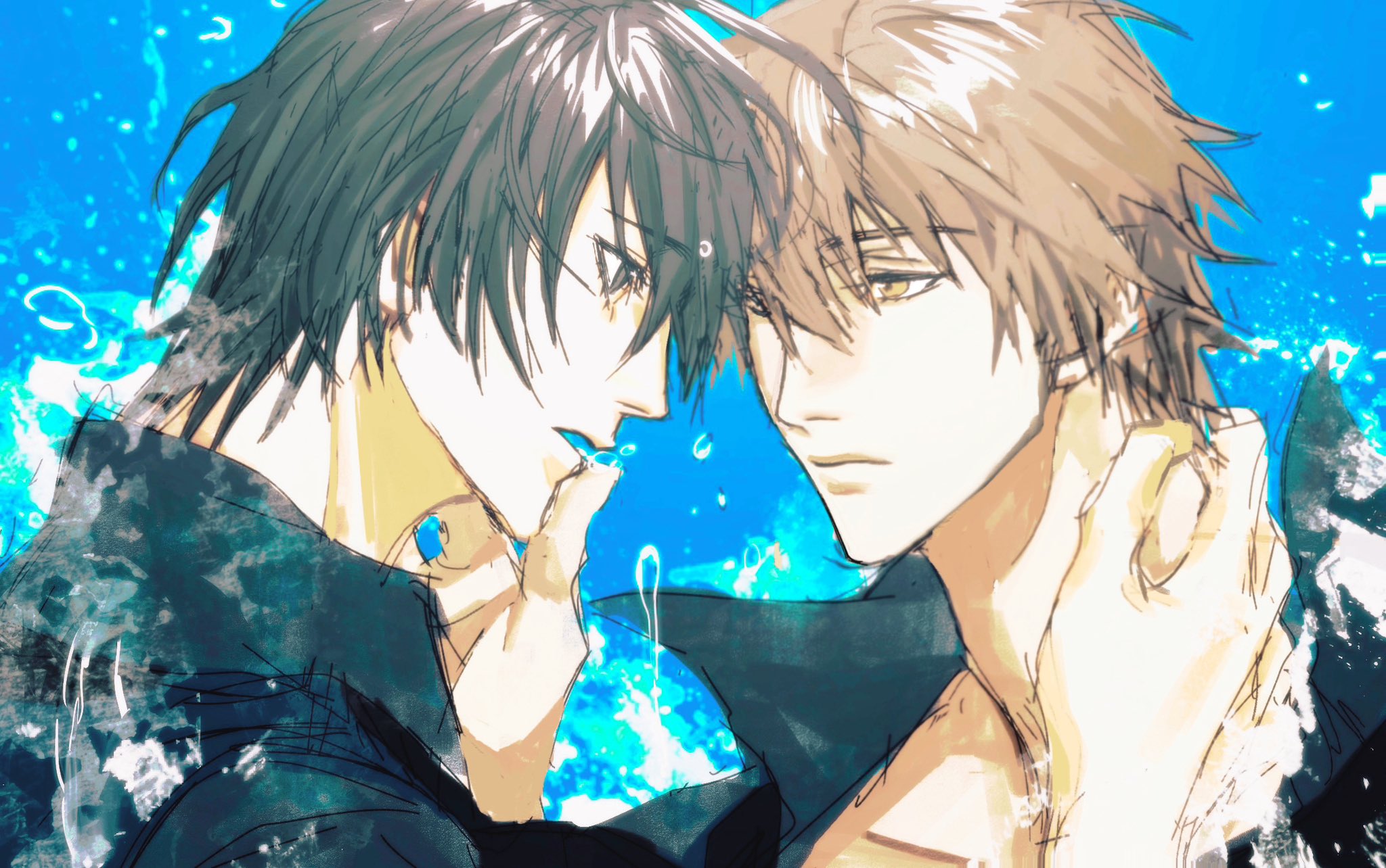 The Big ImageBoard (TBIB) - 2boys black hair black shirt blue background brown eyes brown hair ...