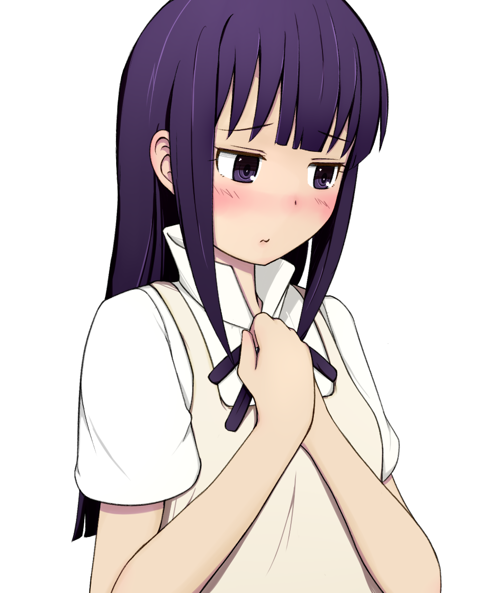 The Big Imageboard Tbib Black Hair Blue Eyes Blush Hands On Own