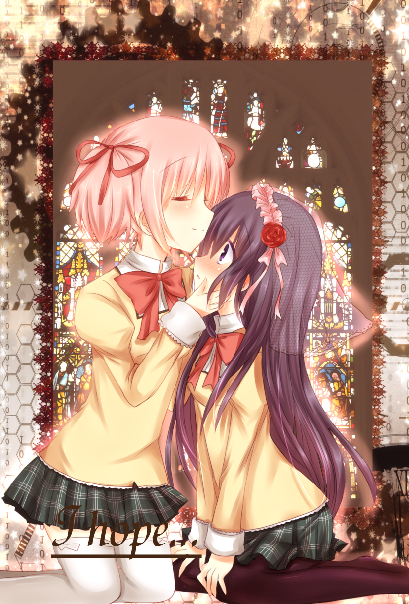 The Big ImageBoard (TBIB) - 2girls akemi homura binary blush closed eyes commentary request hair ...