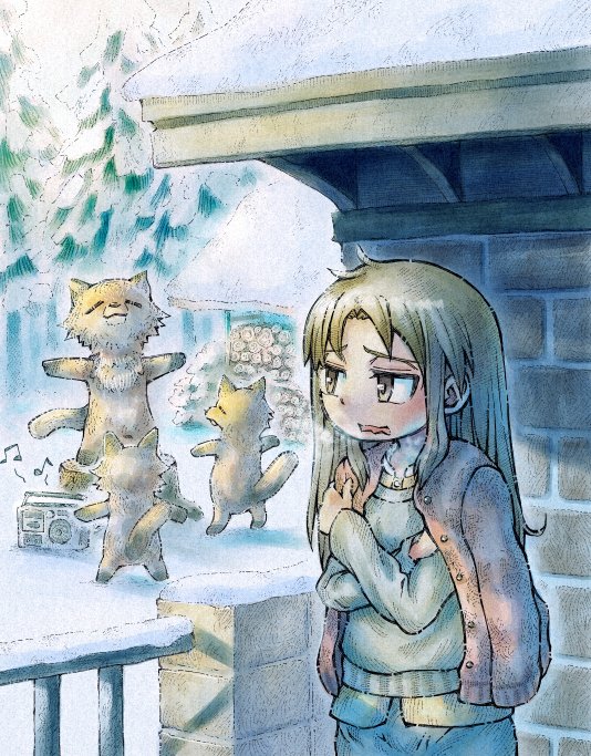 The Big ImageBoard (TBIB) - 1girl boombox breath brick wall brown hair building buttons cardigan ...