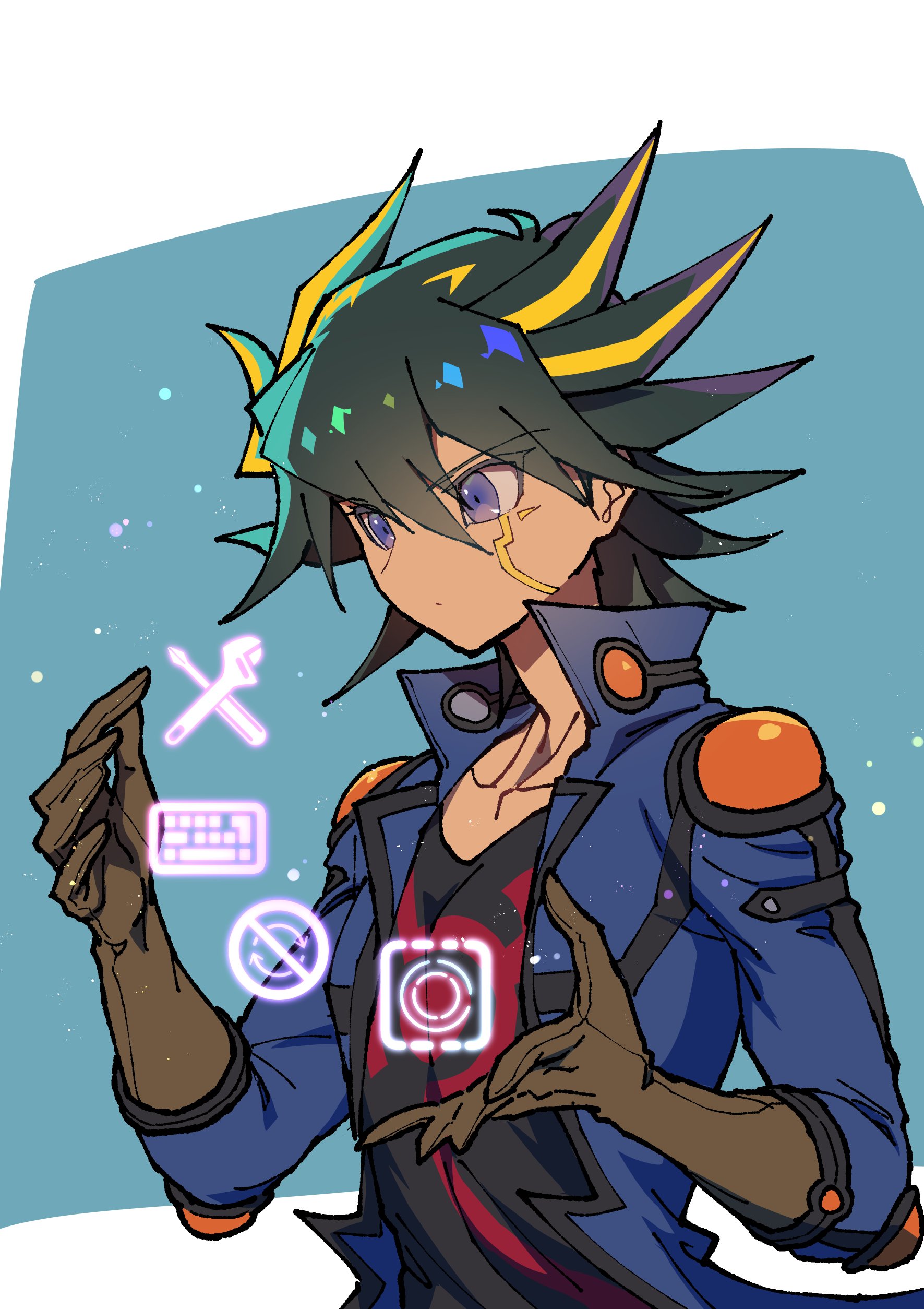 The Big ImageBoard (TBIB) - 1boy absurdres black hair black shirt blonde hair blue background ...