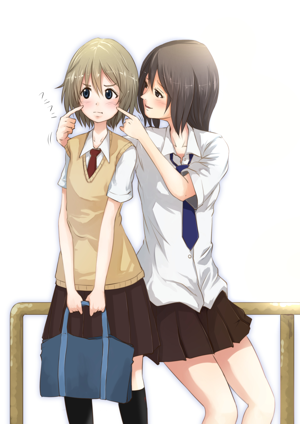The Big ImageBoard (TBIB) - 2girls bag blue eyes blush brown eyes brown hair cheek poking ...