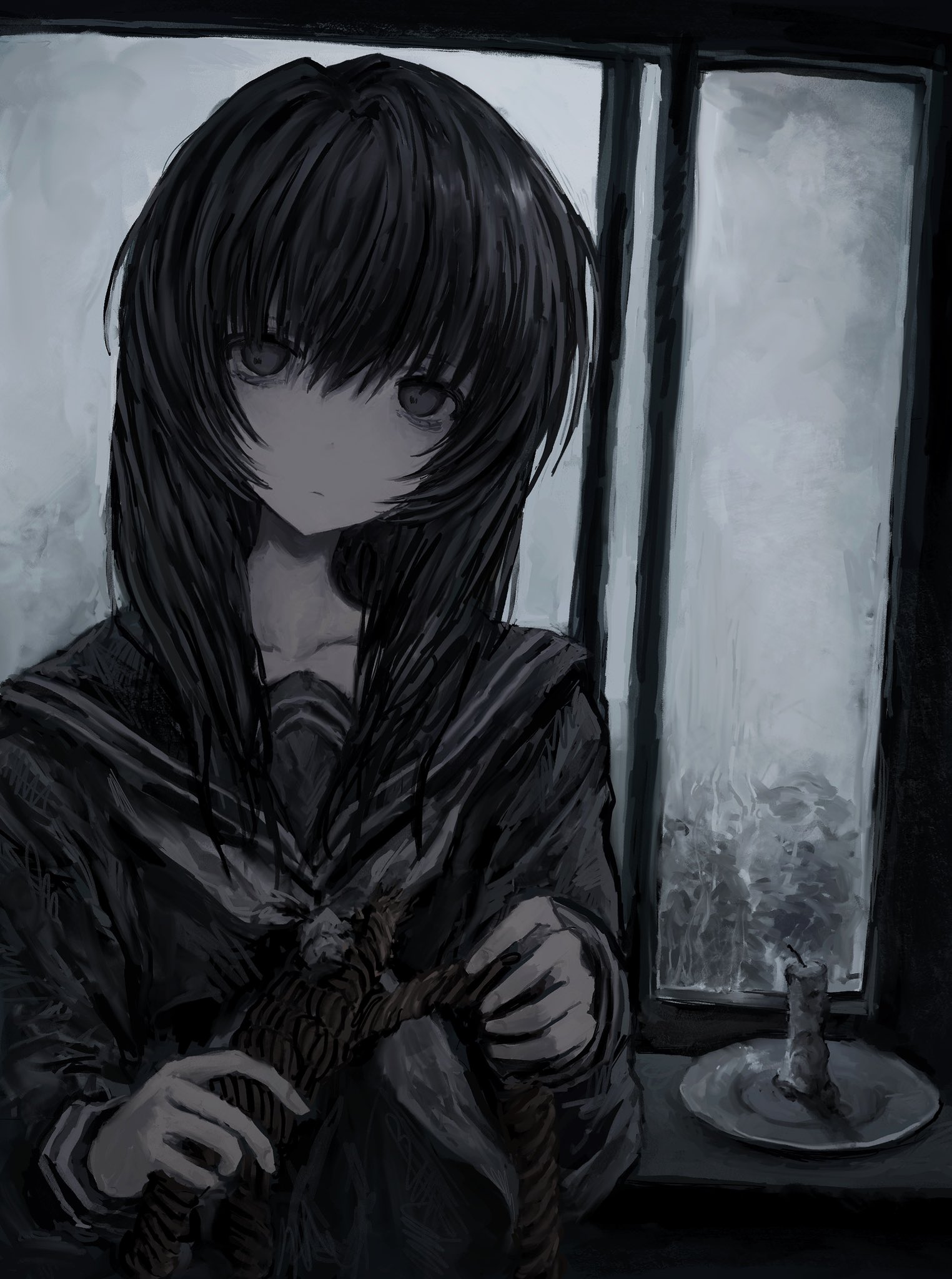 The Big ImageBoard (TBIB) - 1girl bags under eyes black eyes black hair candle chan8016 highres ...