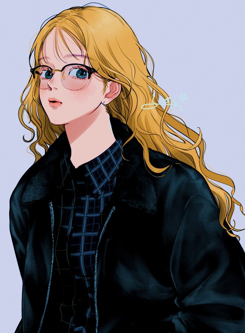 The Big ImageBoard (TBIB) - 1girl black jacket black shirt blonde hair blue background blue eyes ...