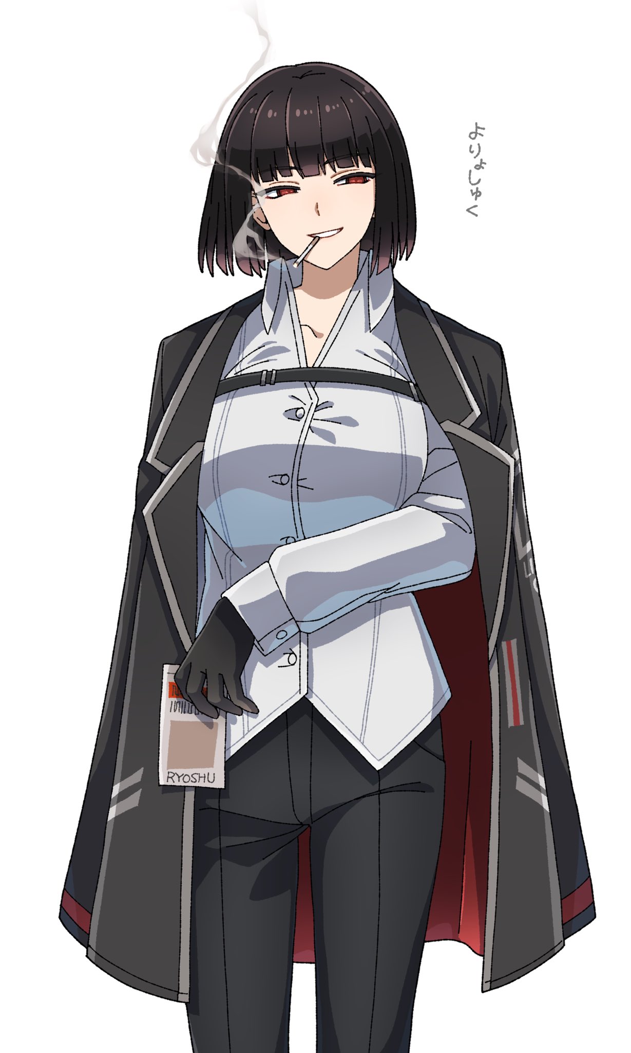 The Big ImageBoard (TBIB) - 1girl black coat black gloves black hair black pants bob cut breasts ...