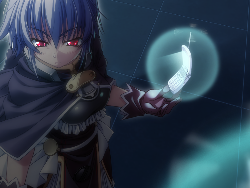 The Big ImageBoard (TBIB) - 1girl ahoge armor blue hair cape cellphone ...