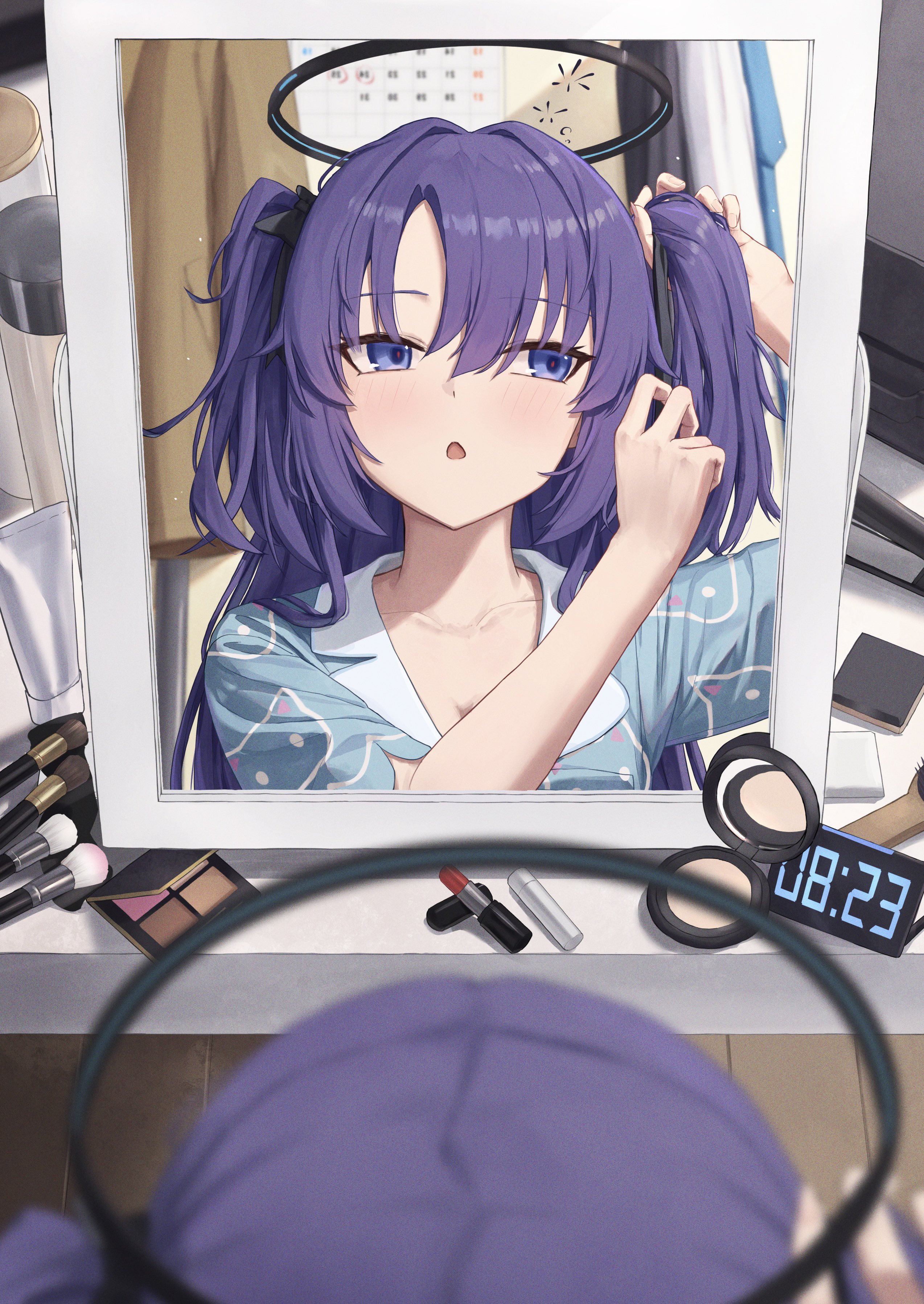 The Big ImageBoard (TBIB) - 1girl absurdres adjusting hair animal print arms up averting eyes ...