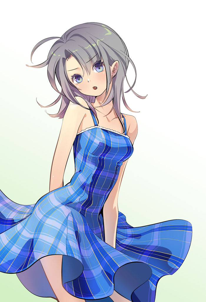 The Big ImageBoard (TBIB) - 1girl bare shoulders blue dress commentary request dress dress tug ...
