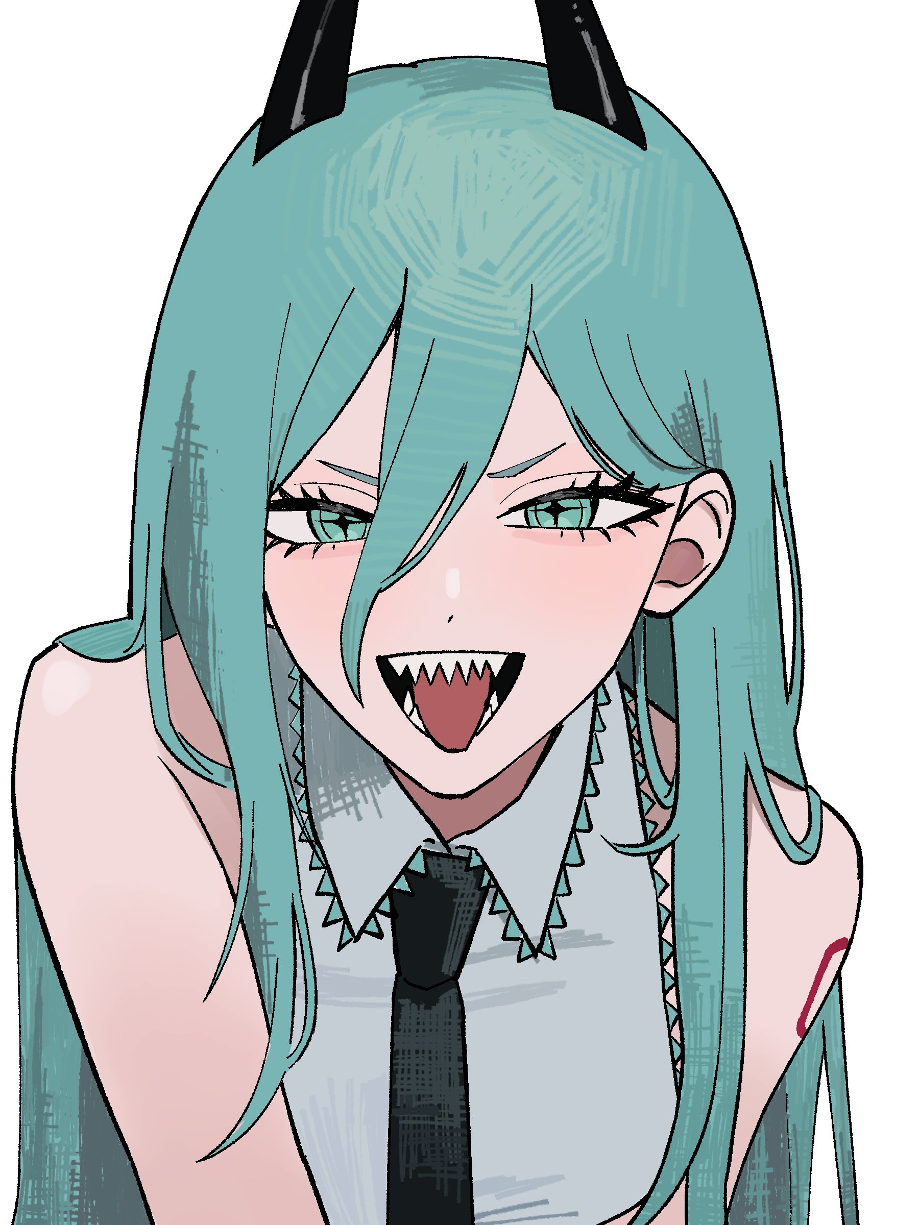 The Big ImageBoard (TBIB) - 1girl absurdres aqua eyes aqua hair black horns black necktie ...