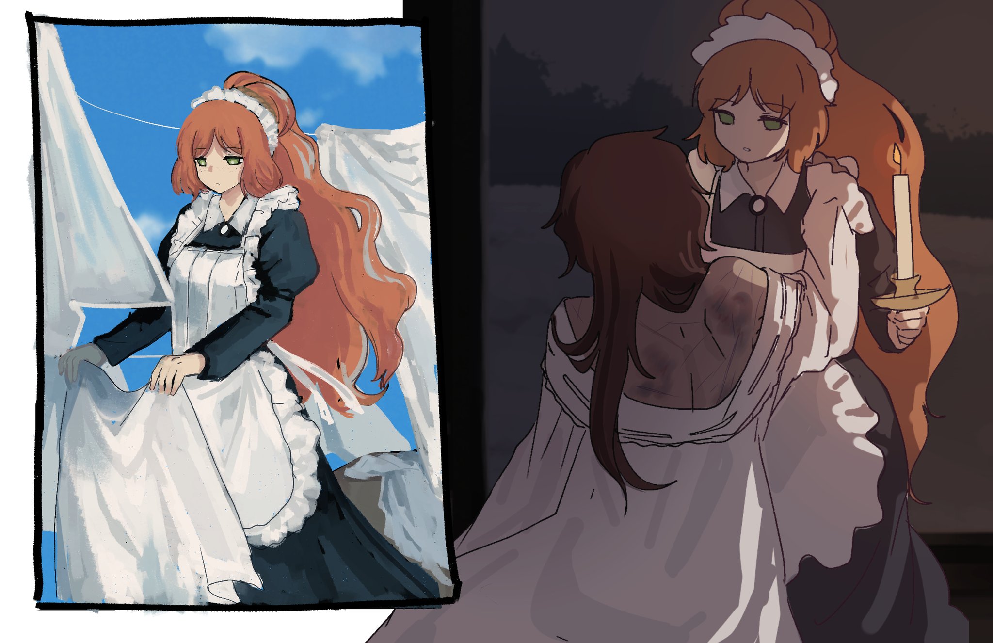 The Big ImageBoard (TBIB) - 2girls apron black dress brown hair candle candlelight candlestand ...