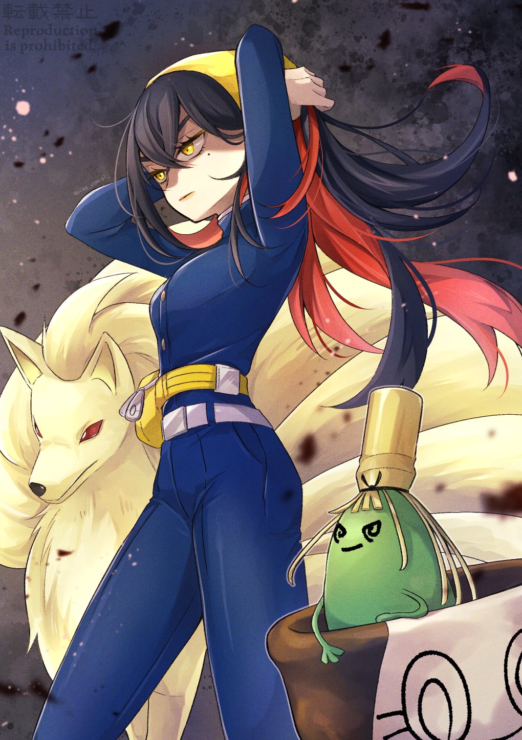 The Big ImageBoard (TBIB) - 1girl adjusting hair black hair blue jacket blue pants blueberry ...