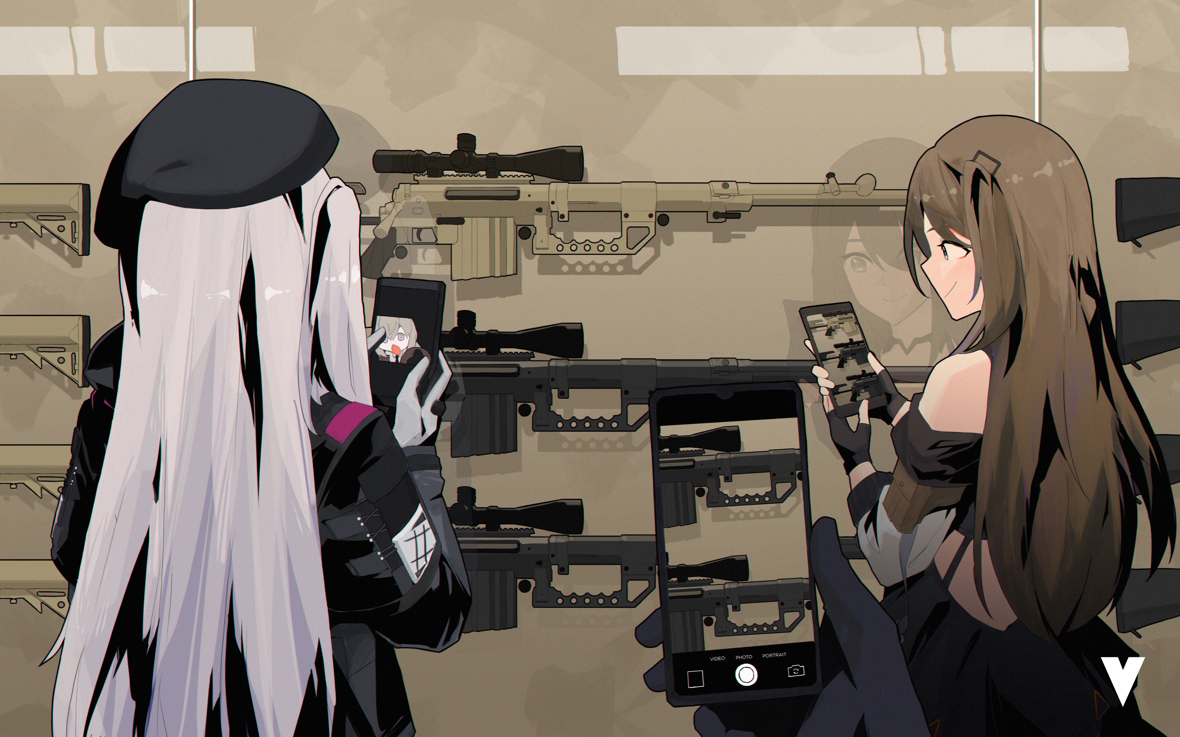 The Big ImageBoard (TBIB) - 2girls absurdres beret black gloves bolt action brown hair cellphone ...