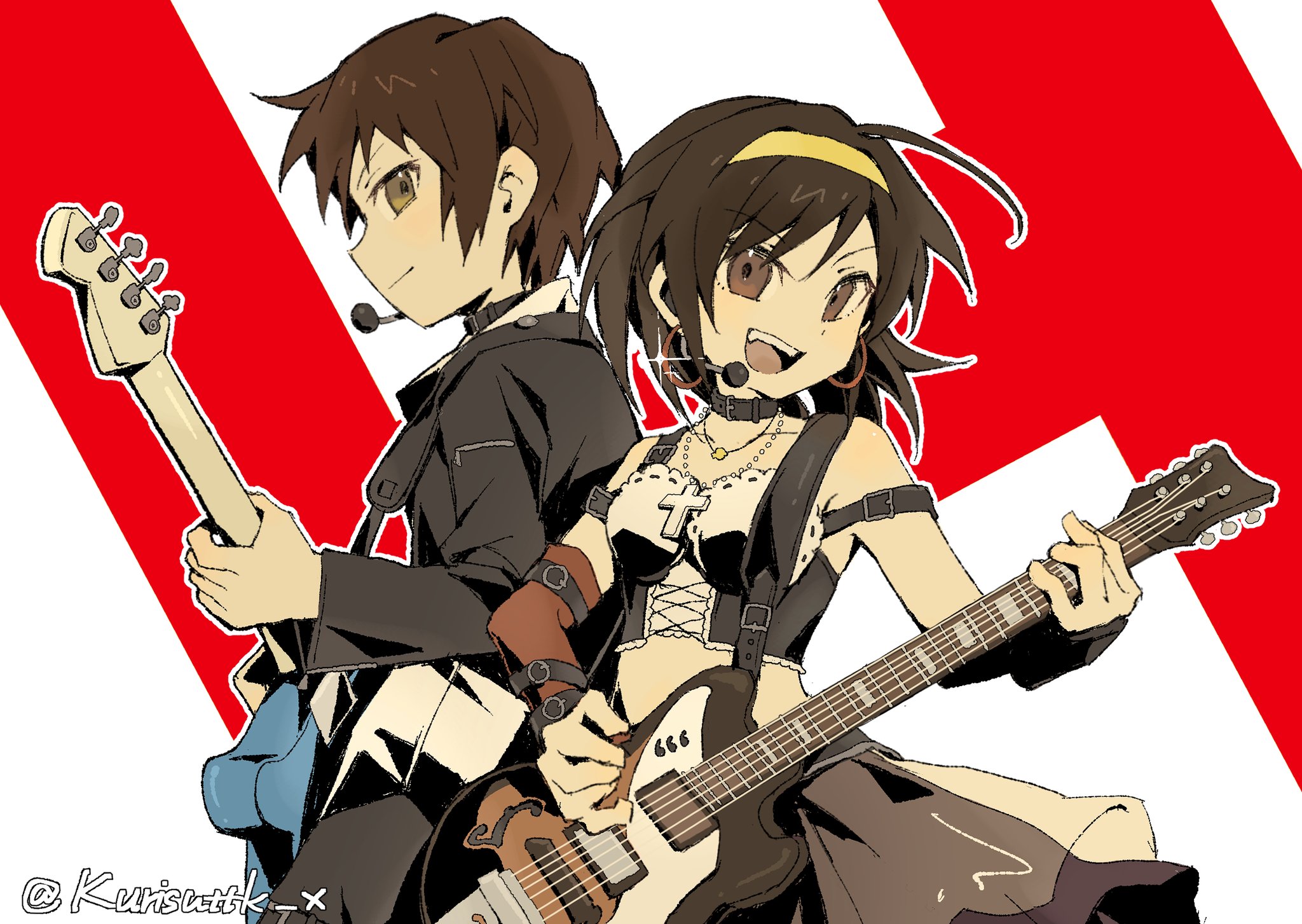 The Big ImageBoard (TBIB) - 1boy 1girl arm warmers back-to-back bass guitar belt black jacket ...