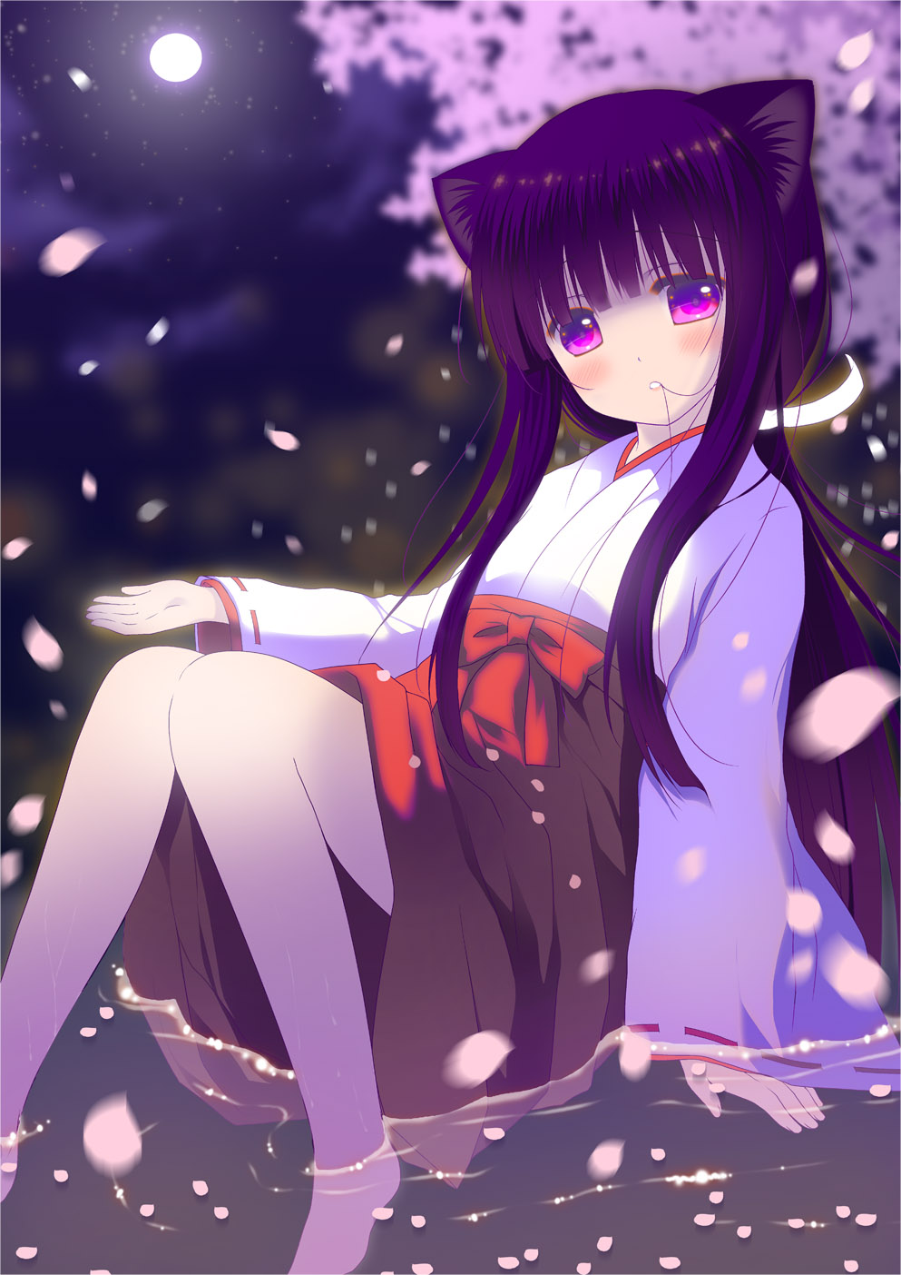 The Big ImageBoard (TBIB) - 1girl animal ears black hair cat ears cherry blossoms commentary ...