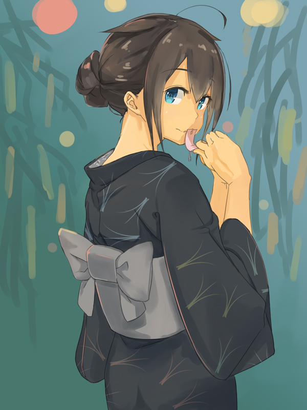 The Big ImageBoard (TBIB) - 1girl ahoge alternate costume alternate hairstyle black hair blue ...