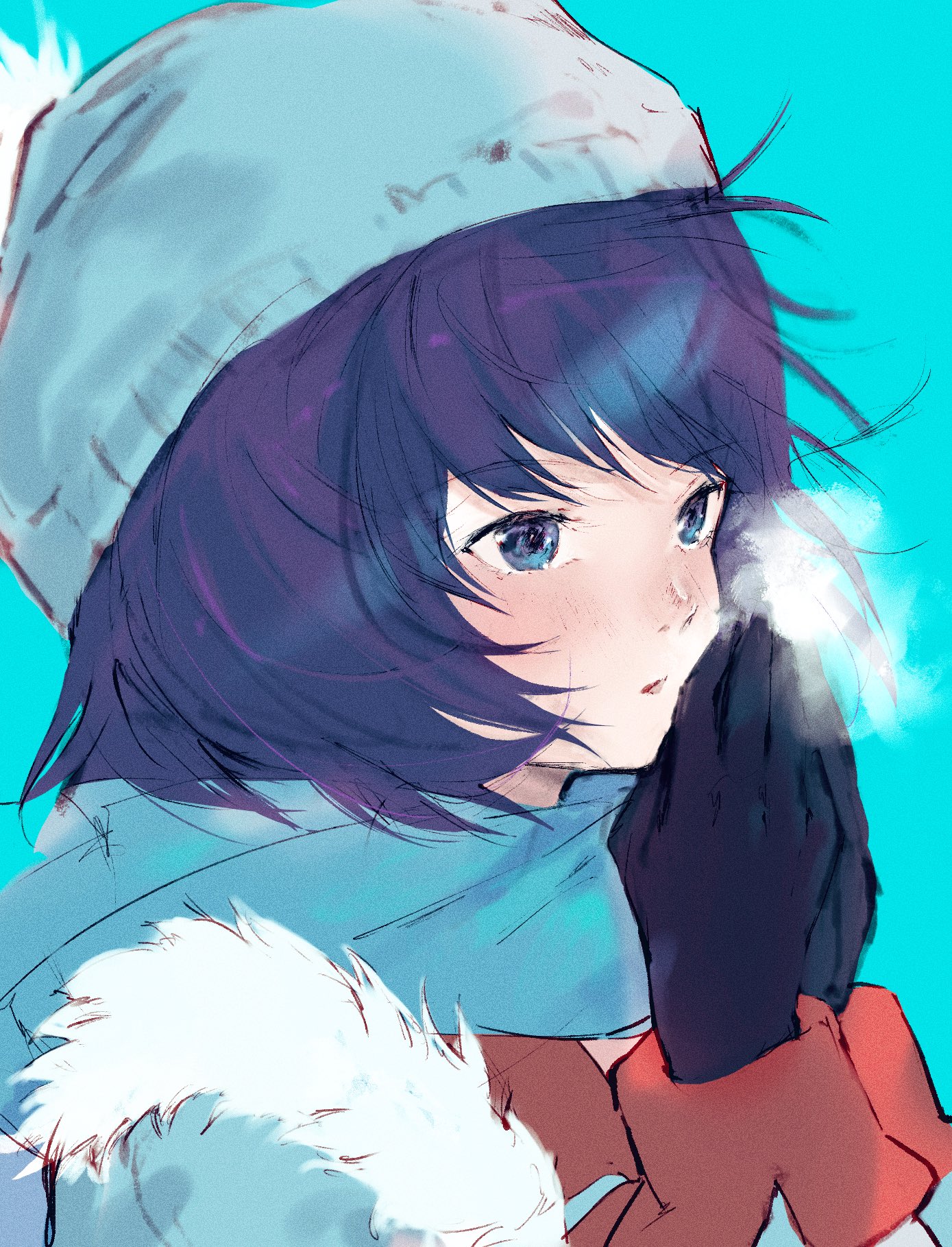 The Big ImageBoard (TBIB) - 1girl aqua background beanie blue eyes blue headwear blue jacket ...