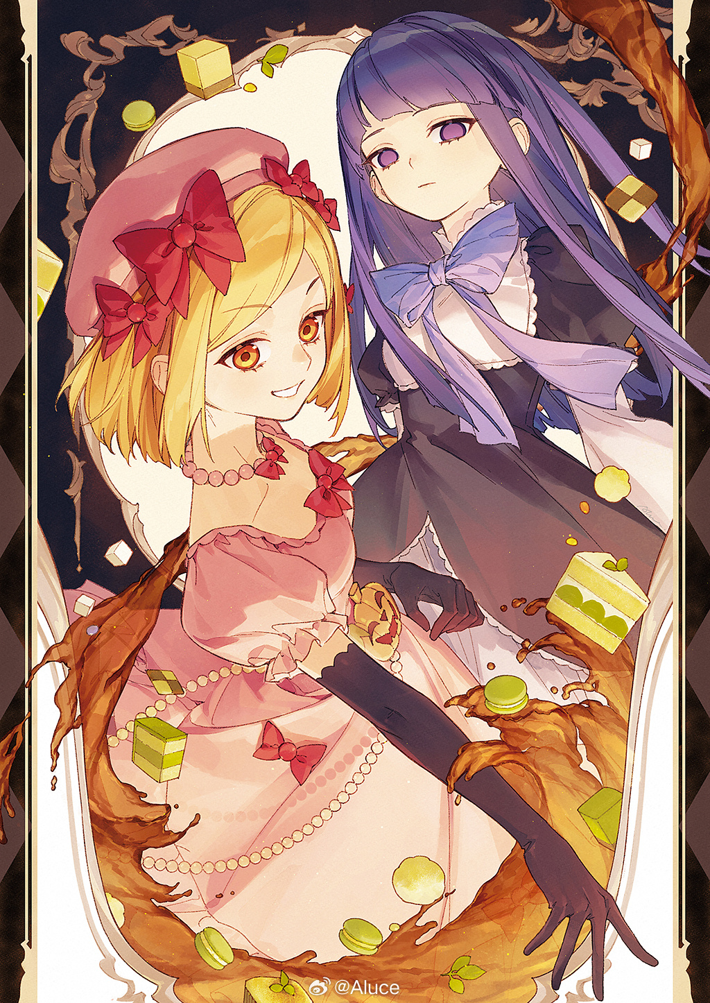 The Big ImageBoard (TBIB) - 2girls aluce artist name beret black dress black gloves blonde hair ...