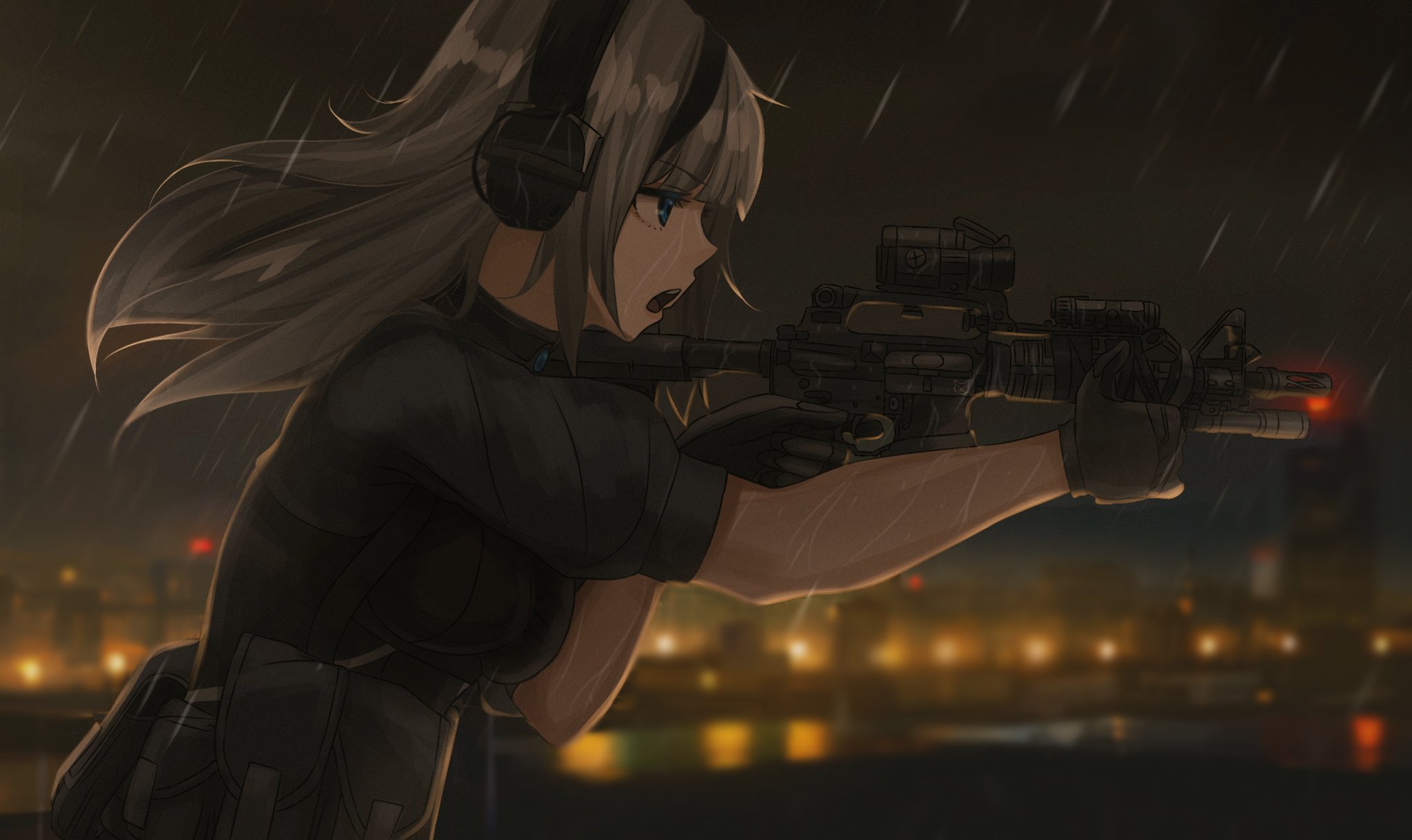 The Big ImageBoard (TBIB) - 1girl aiming assault rifle black gloves black shirt commentary ...