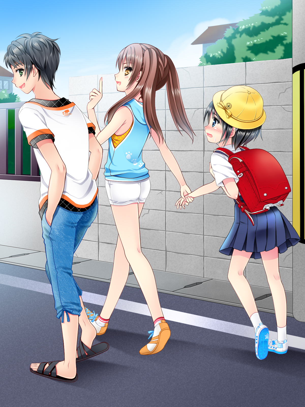 The Big ImageBoard (TBIB) - 1girl 2boys age difference androgynous ass backpack bag black hair ...