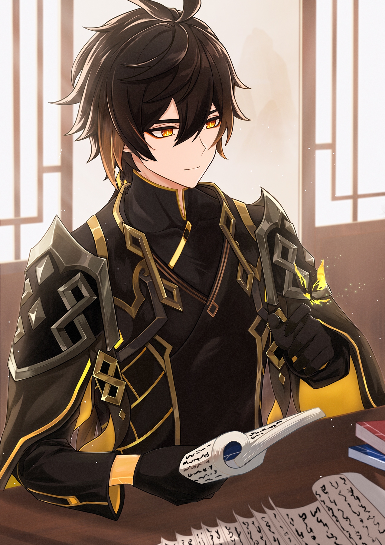 The Big ImageBoard (TBIB) - 1boy antenna hair black gloves black hair black shirt book brown ...