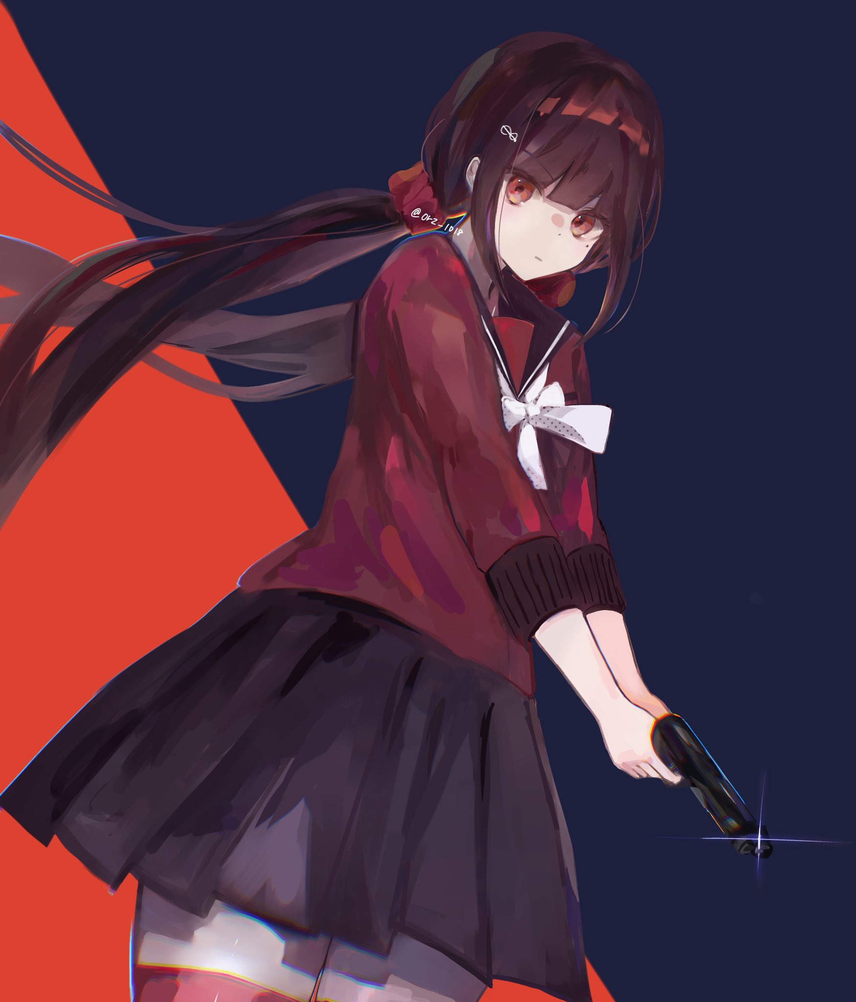 The Big ImageBoard (TBIB) - 1girl black background blunt bangs brown hair cowboy shot ...