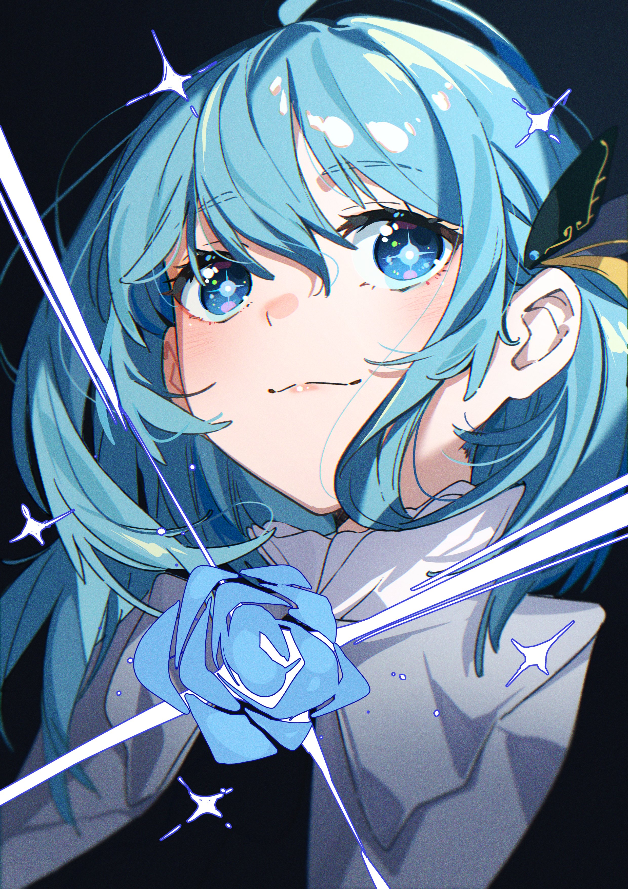 The Big ImageBoard (TBIB) - 1girl absurdres anniversary black background blue eyes blue flower ...