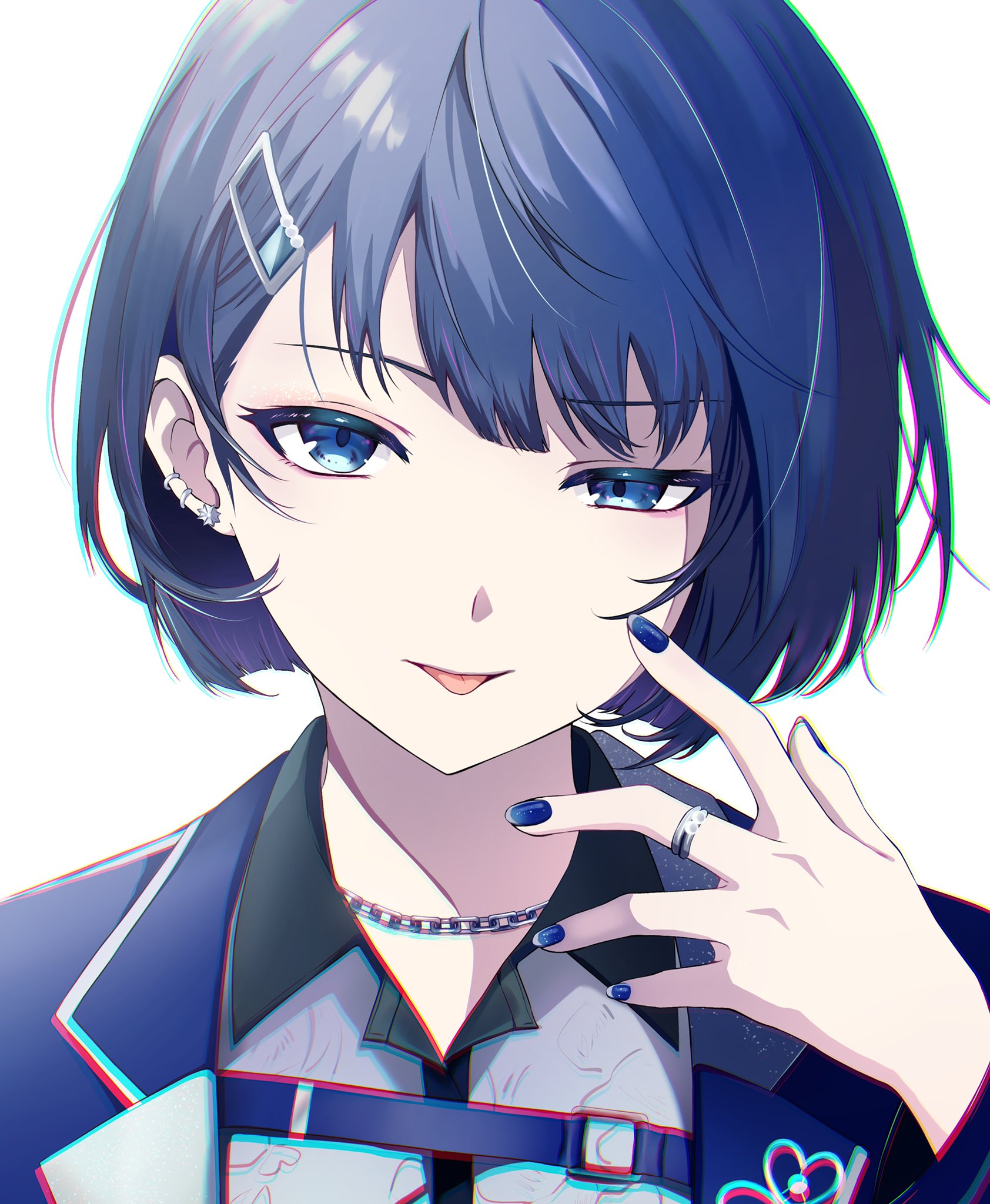 The Big ImageBoard (TBIB) - 1girl blue eyes blue hair blue jacket blush bow fingernails hair ...