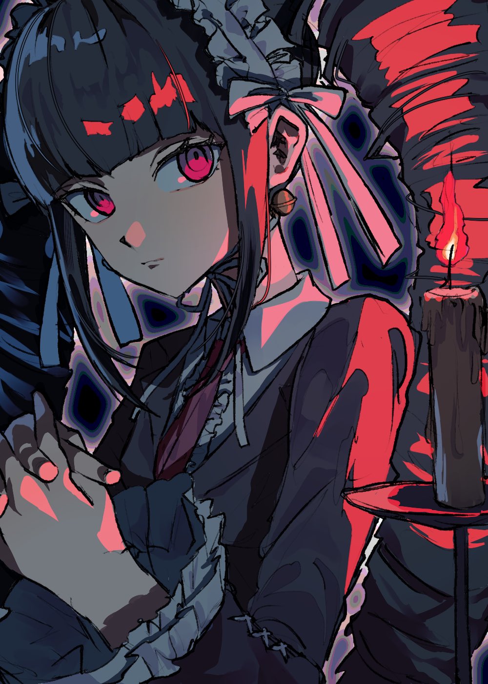 The Big ImageBoard (TBIB) - 1girl backlighting bell bell earrings black background black dress ...