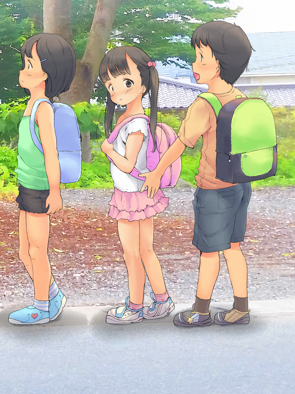 The Big ImageBoard (TBIB) - 1boy 2girls anyannko backpack bad id bad pixiv id bag bare arms ...