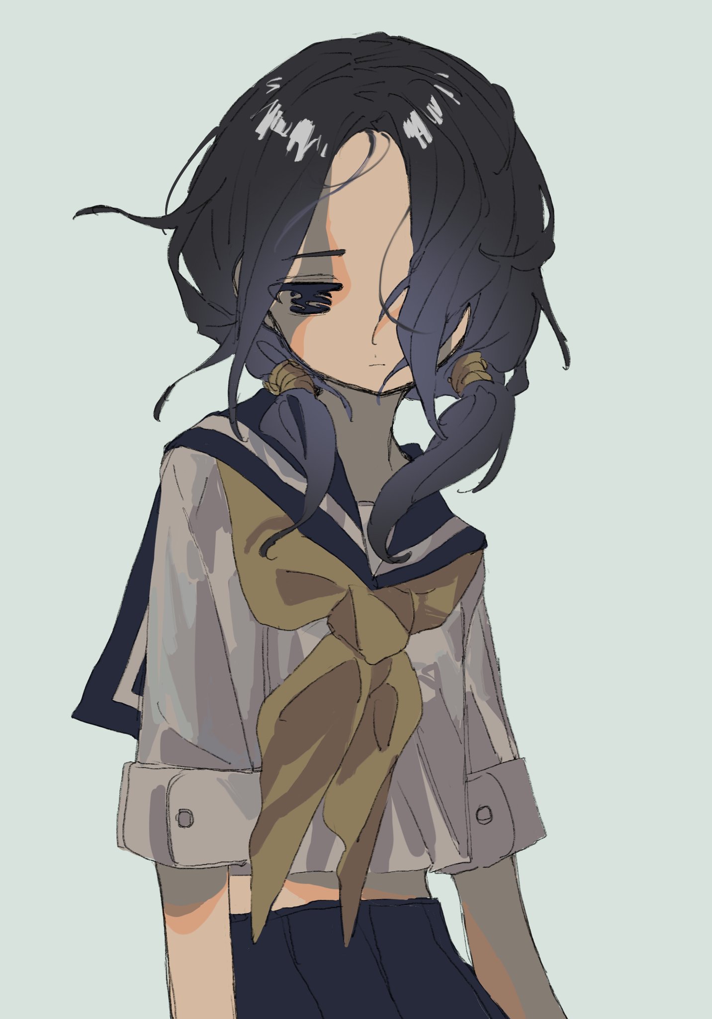 The Big ImageBoard (TBIB) - 1girl arms at sides black eyes black sailor collar black skirt blue ...