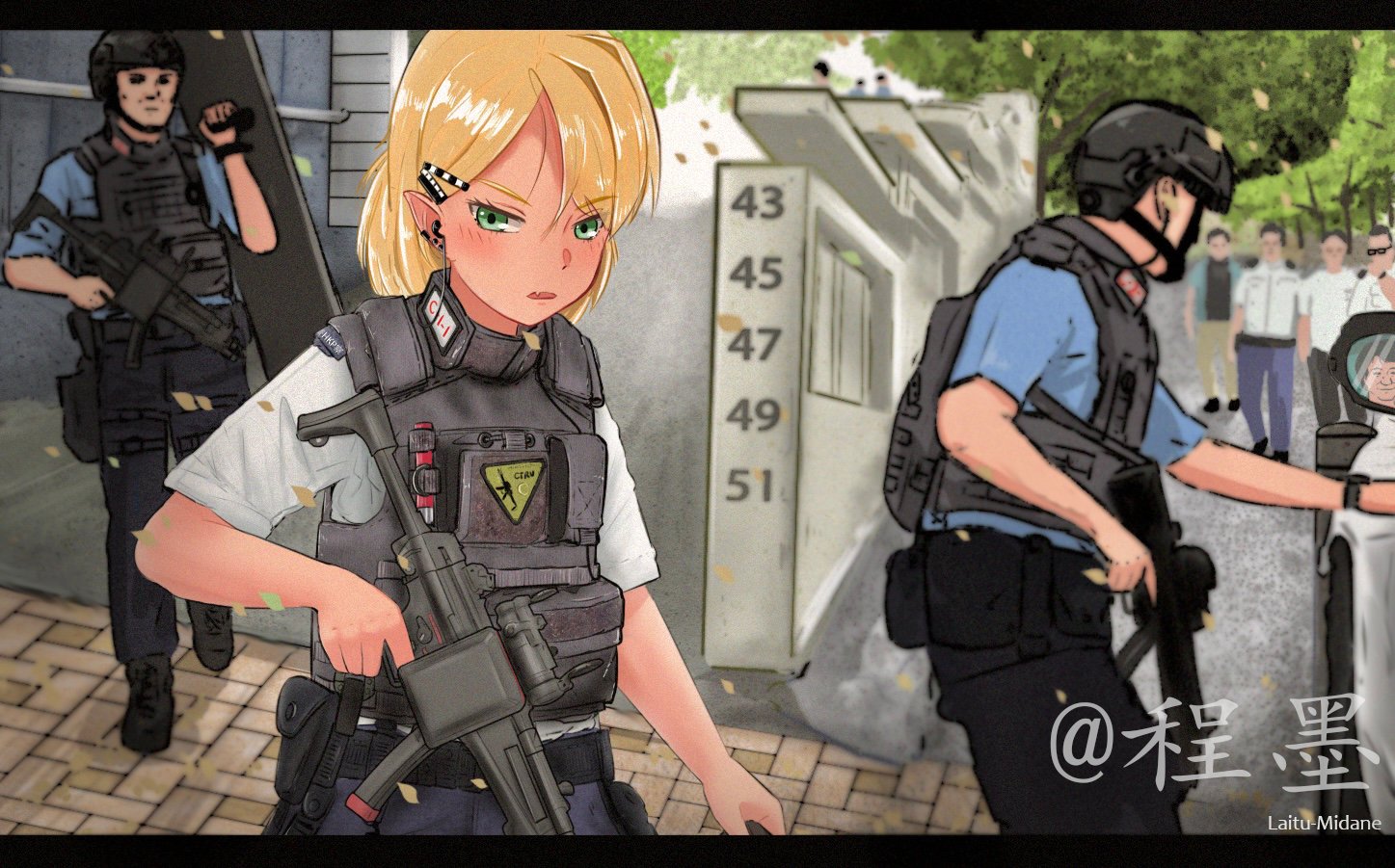 The Big ImageBoard (TBIB) - 1girl 6+boys artist name ballistic shield blonde hair blue shirt ...