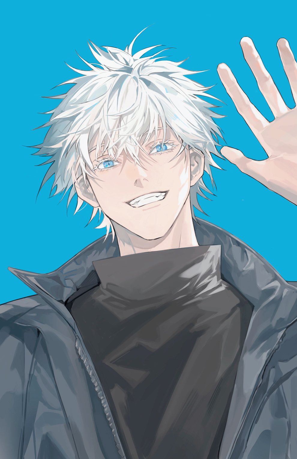 The Big ImageBoard (TBIB) - 1boy arm up awkwardtomato black jacket black shirt blue background ...