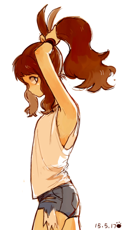 The Big ImageBoard (TBIB) - 1girl adjusting hair armpits arms up bare shoulders blue eyes ...