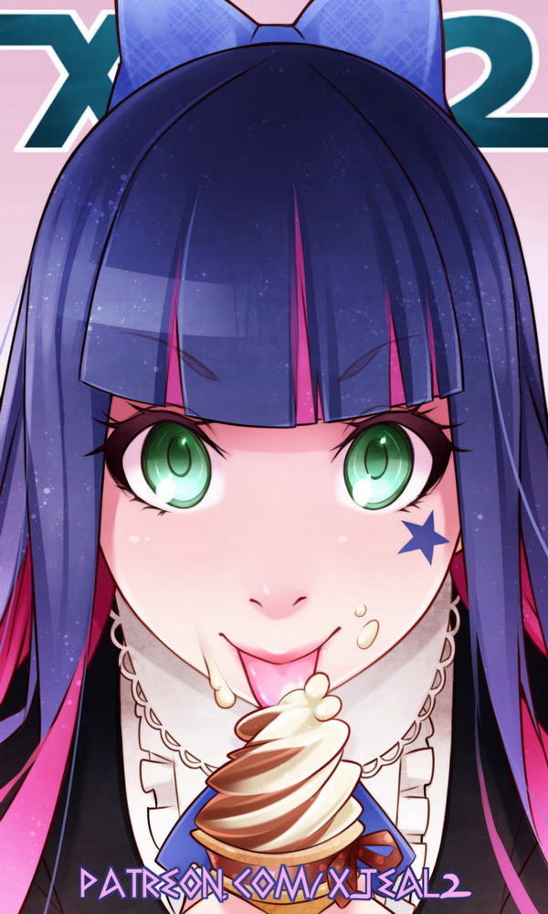 The Big Imageboard Tbib Bangs Blue Hair Blunt Bangs Bow Face Food