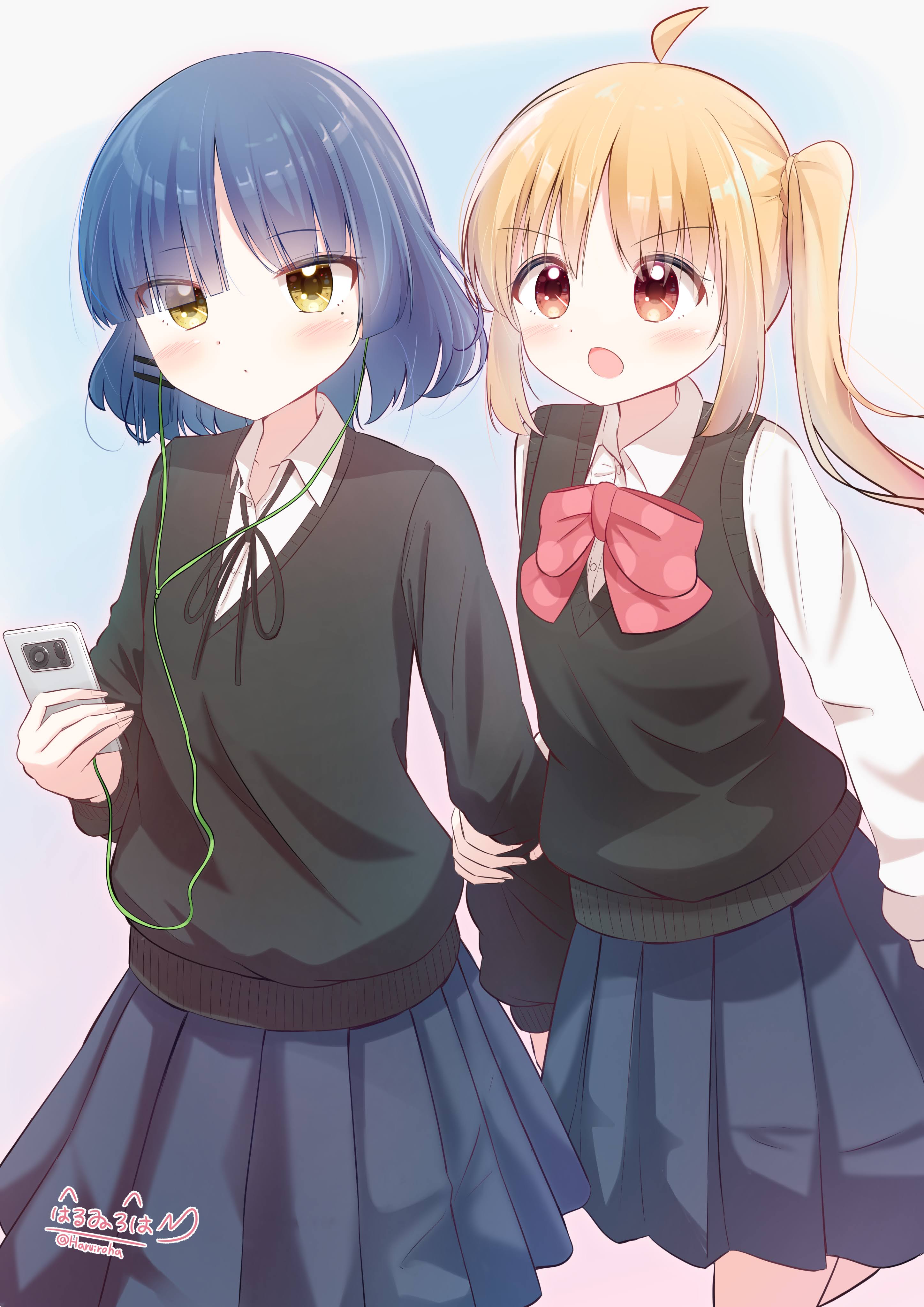 The Big ImageBoard (TBIB) - 2girls absurdres ahoge artist name black sweater blonde hair blue ...