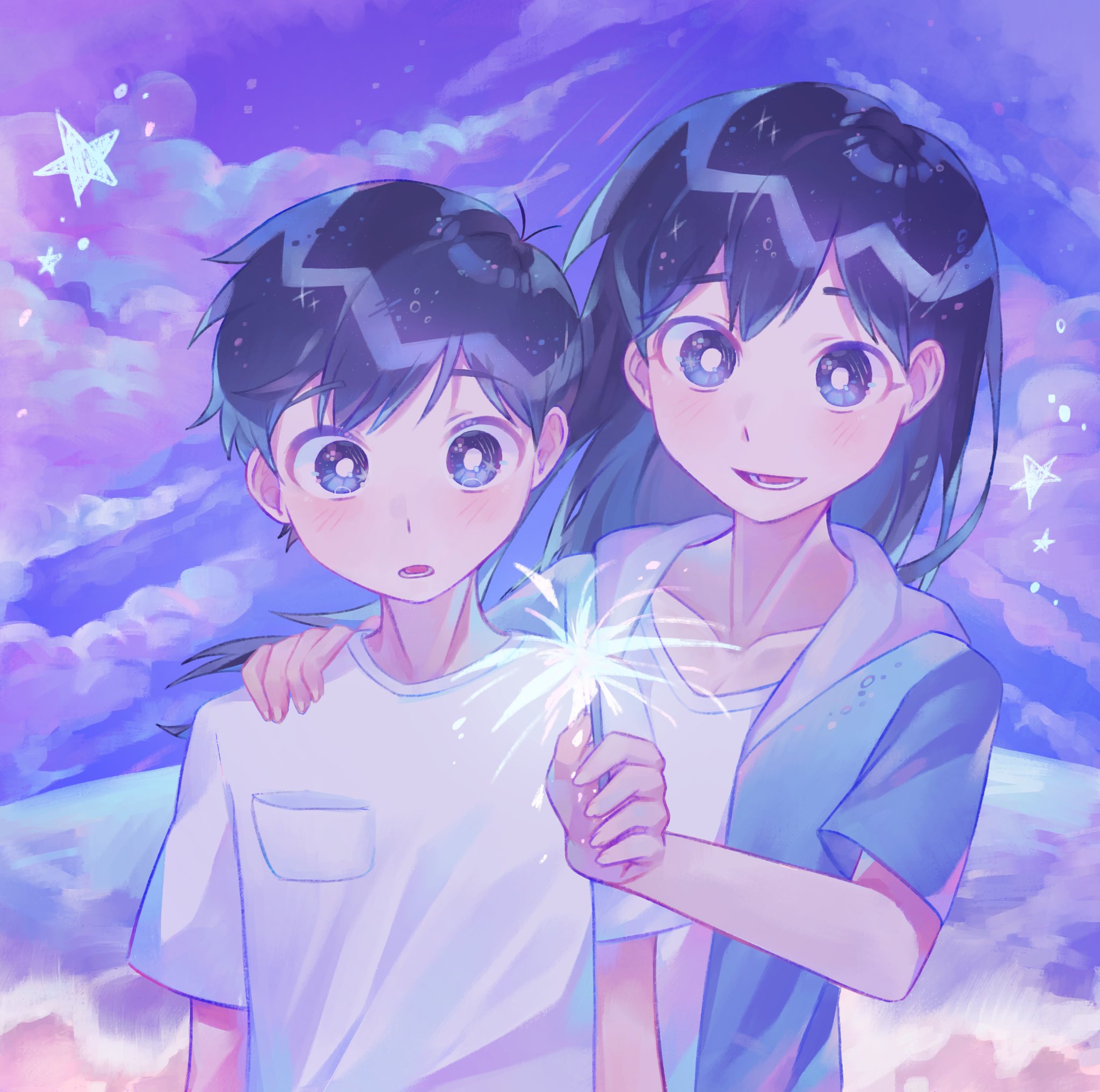 The Big ImageBoard (TBIB) - 1boy 1girl antenna hair arms at sides black eyes black hair blue ...