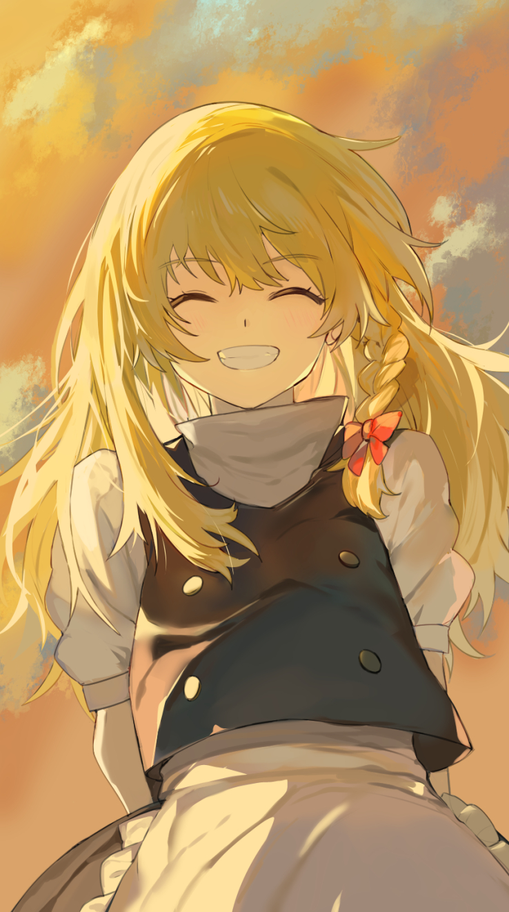 The Big ImageBoard (TBIB) - 1girl apron arms behind back black vest blonde hair bow braid closed ...