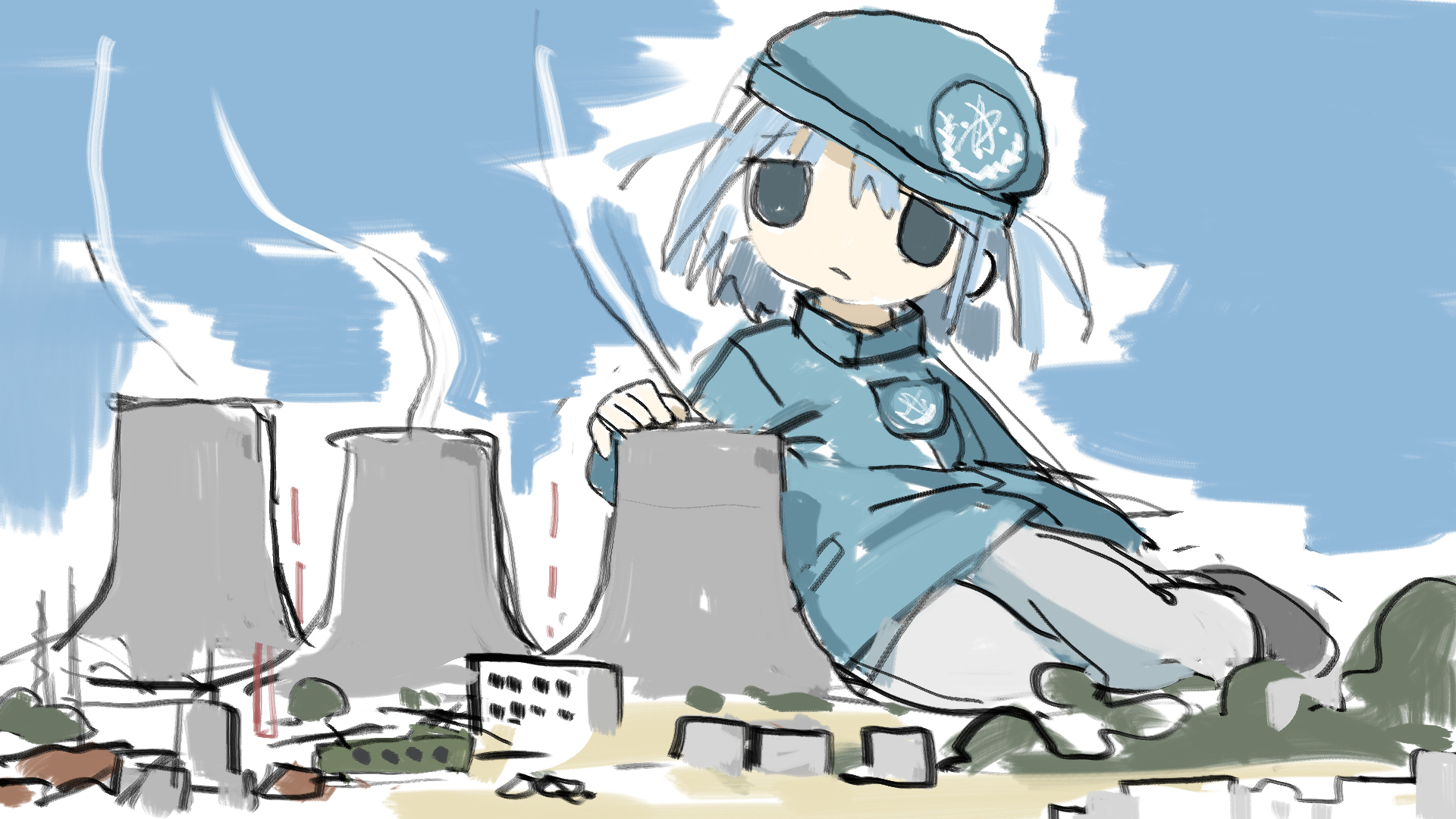 The Big ImageBoard (TBIB) - 1girl :/ beret blue beret blue eyes blue hair blue sky character ...