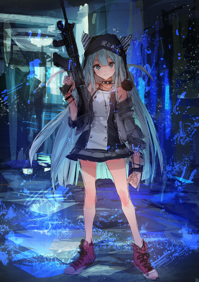 The Big ImageBoard (TBIB) - 1girl >:) assault rifle blue eyes blue hair borrowed character ...