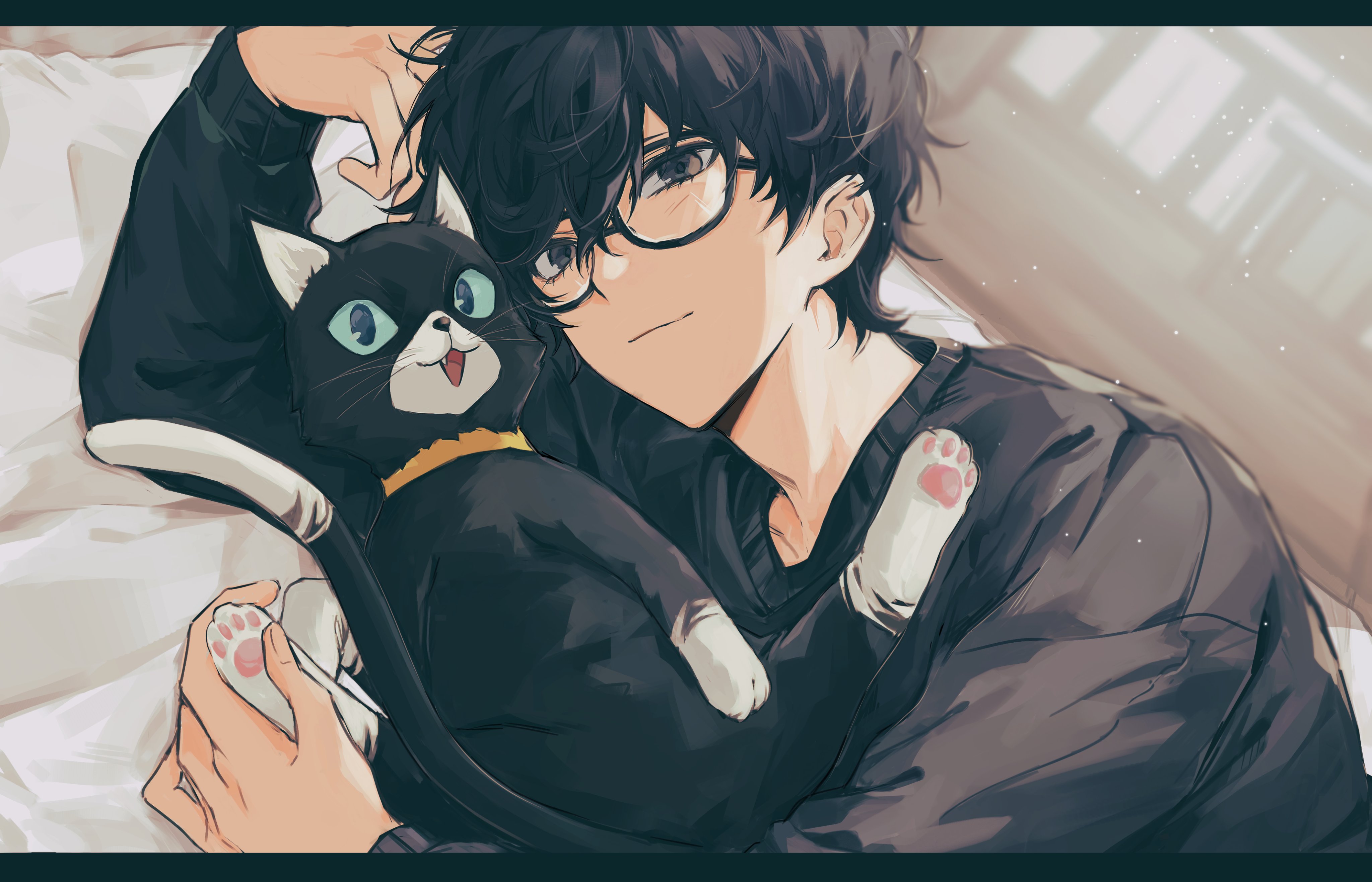The Big ImageBoard (TBIB) - 1boy absurdres amamiya ren animal black-framed eyewear black cat ...