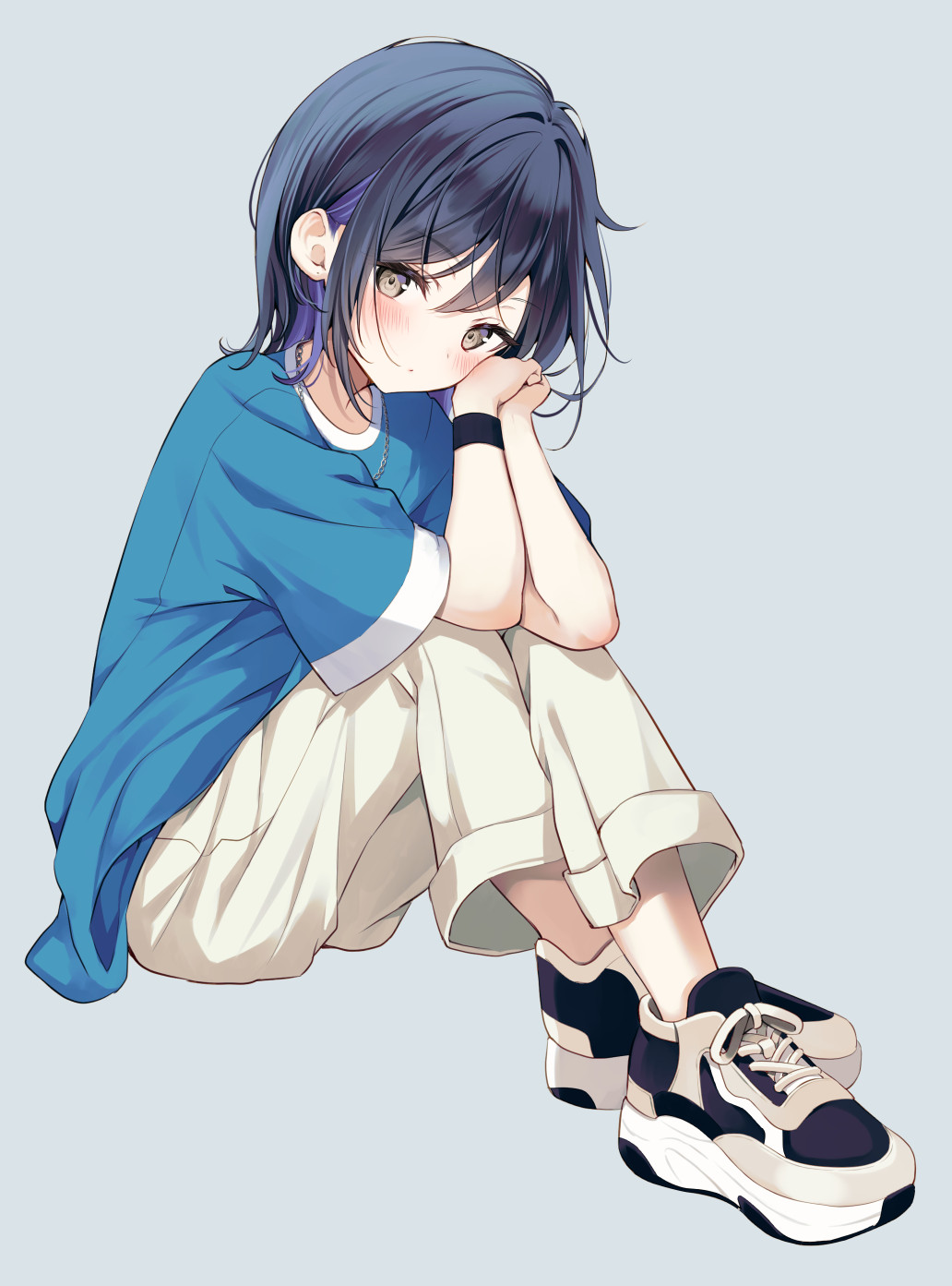 The Big ImageBoard (TBIB) - 1girl black footwear black hair blue background blue shirt blush ...
