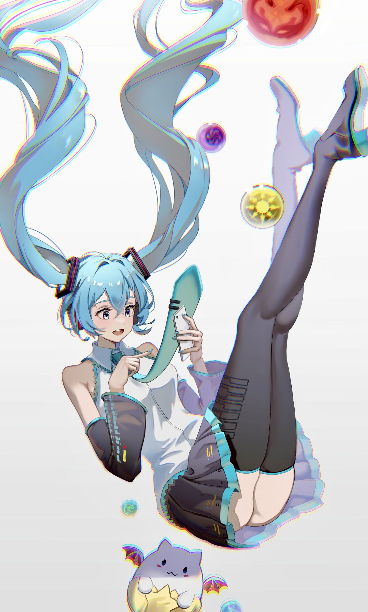 The Big ImageBoard (TBIB) - 1girl :d aqua necktie aqua trim bat wings black skirt black sleeves ...