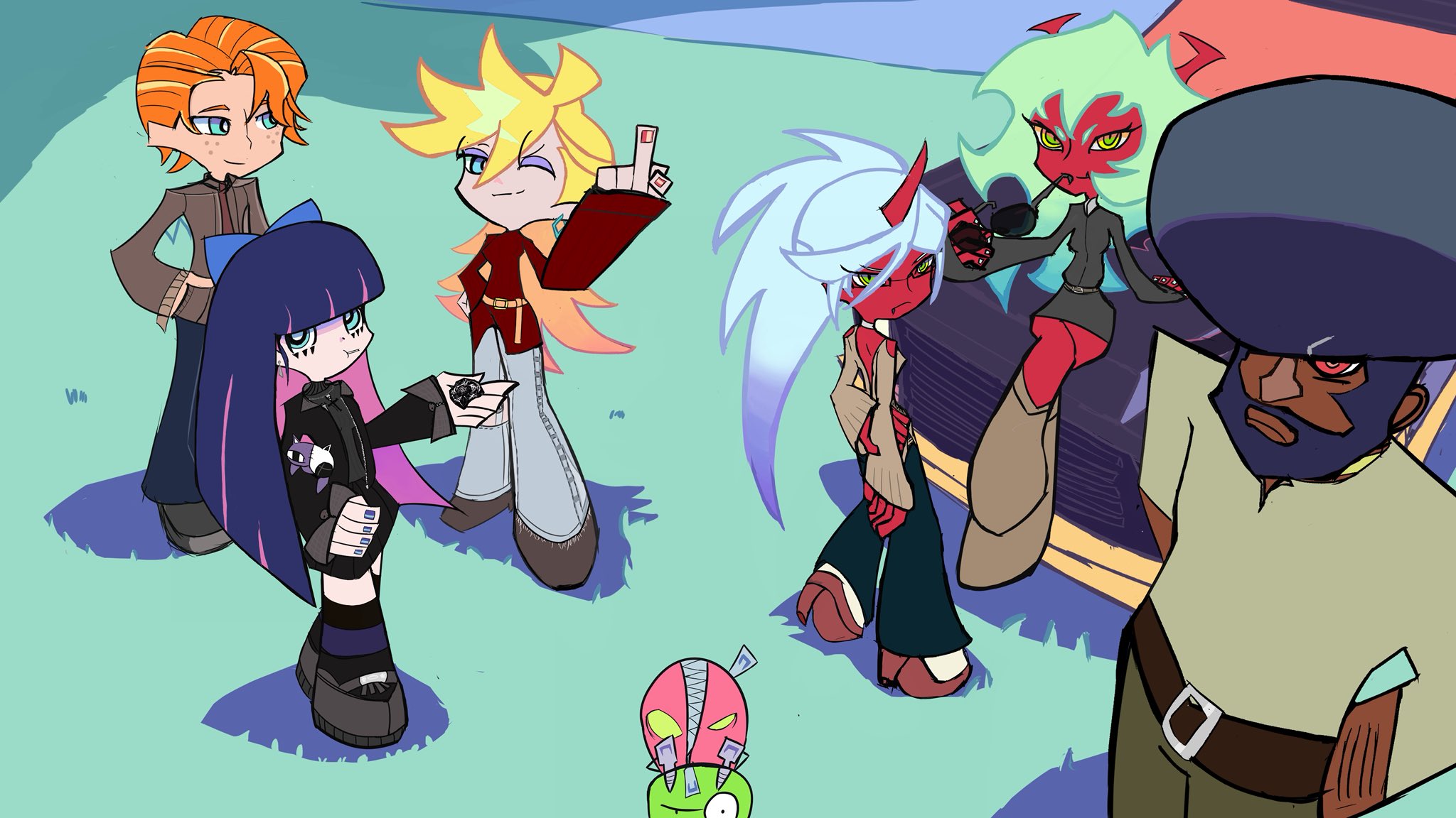 The Big ImageBoard (TBIB) - 2boys 4girls afro beard black hair blonde ...