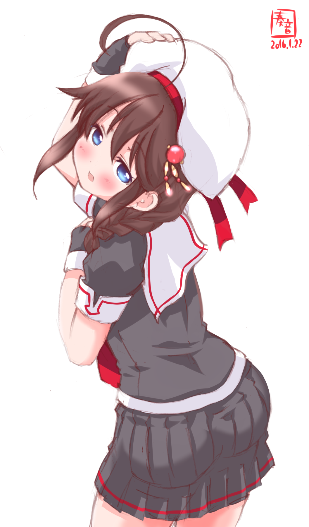 The Big ImageBoard (TBIB) - ahoge arm up back black gloves black serafuku black skirt blue eyes ...