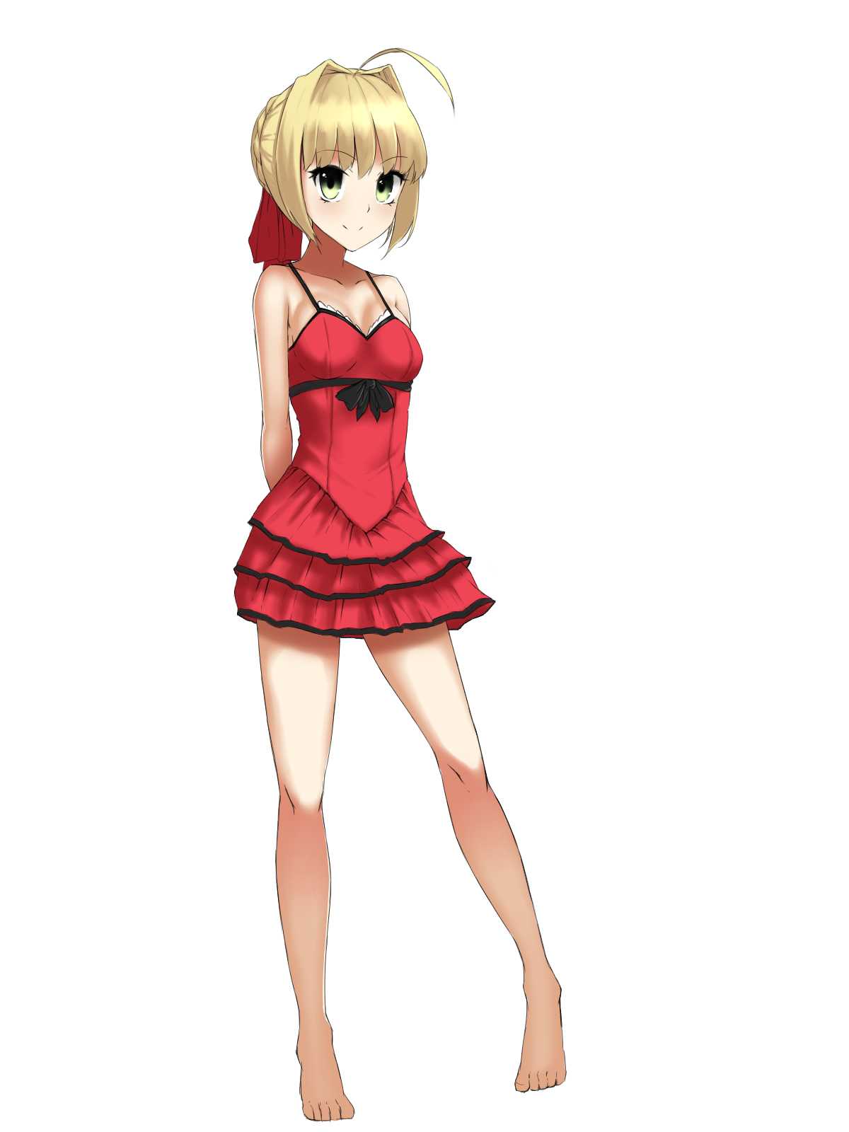 The Big Imageboard Tbib 1girl Ahoge Arms Behind Back Barefoot Black
